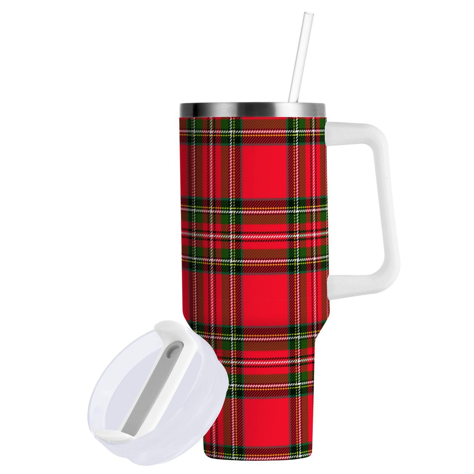 Tumbler with Handle and Straw Lid,Red Tartan Plaid Christma 30 oz Insulated Coffee Cup Stainless Steel Water Bottle Travel Mug Cupholder Friendly,Gifts for Women Men