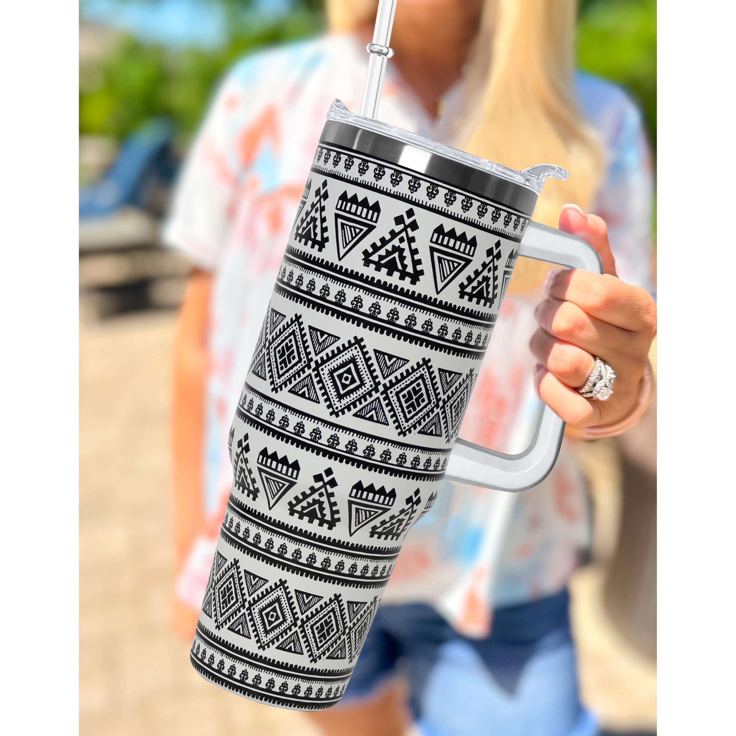 omezin 40 Oz Boho Tumbler With Handle 40oz Boho Tumbler With Lid Straw Double Insulated Travel Coffee Mug Womens Boho Cup Gifts