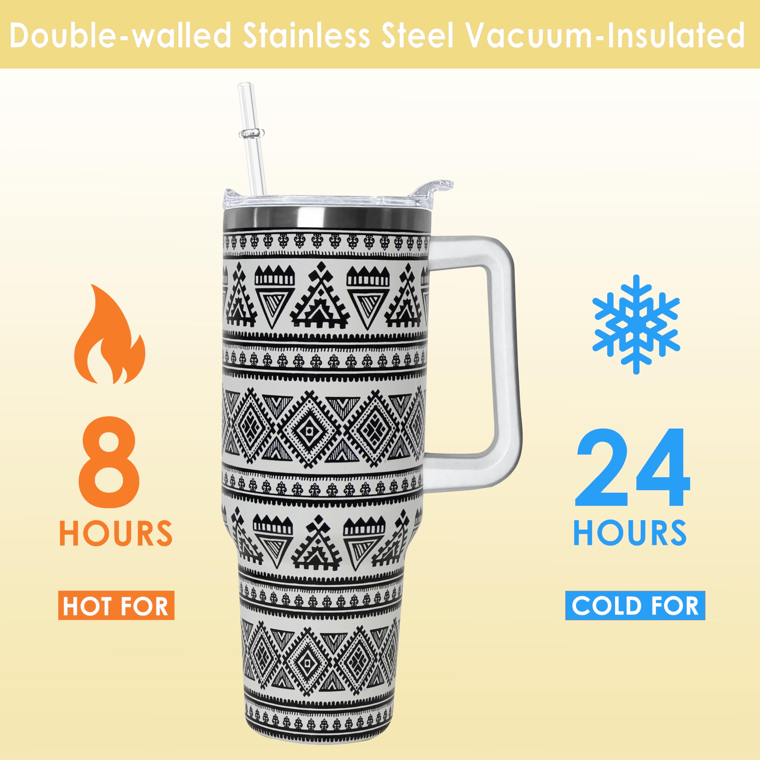 omezin 40 Oz Boho Tumbler With Handle 40oz Boho Tumbler With Lid Straw Double Insulated Travel Coffee Mug Womens Boho Cup Gifts