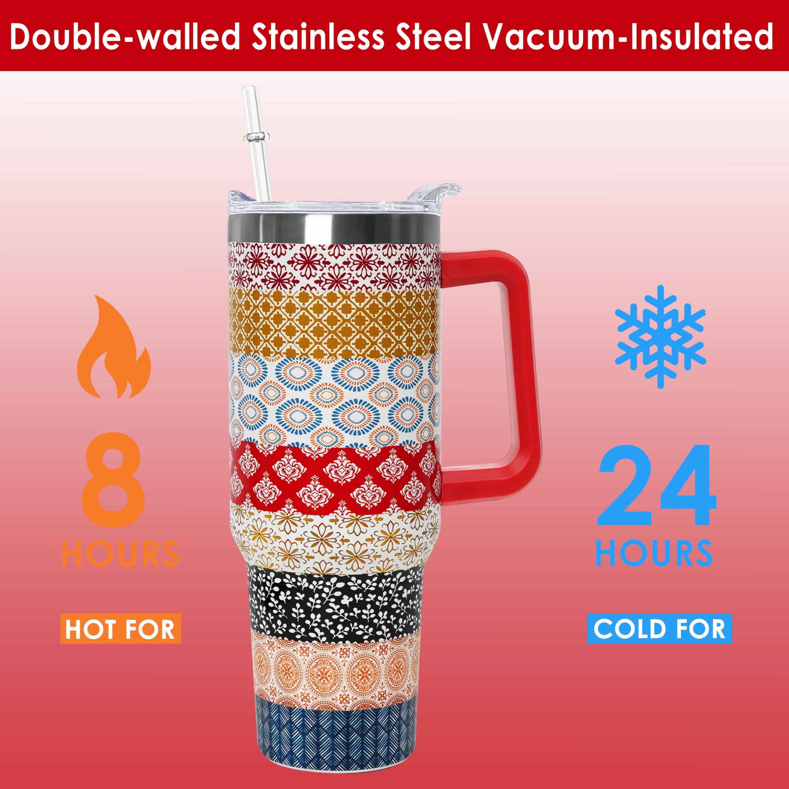 omezin 40 Oz Boho Tumbler With Handle 40oz Boho Tumbler With Lid Straw Double Insulated Travel Coffee Mug Womens Boho Cup Gifts