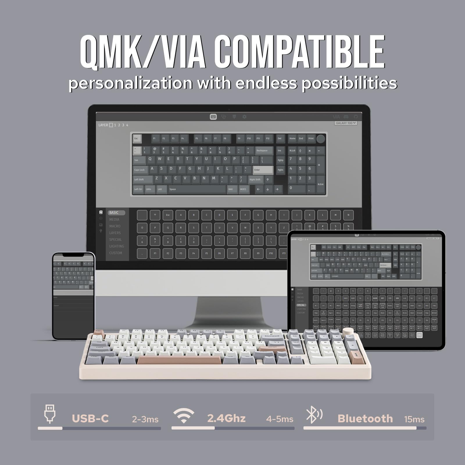 EPOMAKER Galaxy100 QMK/VIA Wireless Gaming Keyboard, Aluminum Shell, Bluetooth/2.4Ghz/USB-C, Pre-Lubed Hot-Swappable Linear Switches, NKRO, RGB Backlit (Creamy White, Marble White Switch)