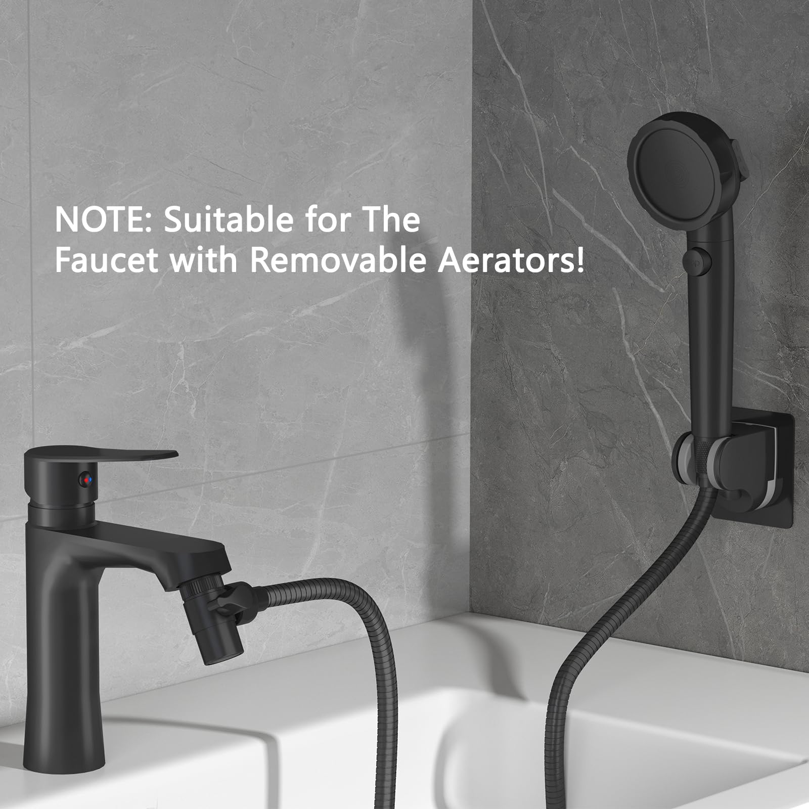 HEROBAI Sink Hose Sprayer Attachment for Faucet, 3 Mode Shower Head Attaches to Tub Faucet with 5 Adapters, High Pressure Shower Head for Bathtub, Handheld Showerhead with Filter (Black)