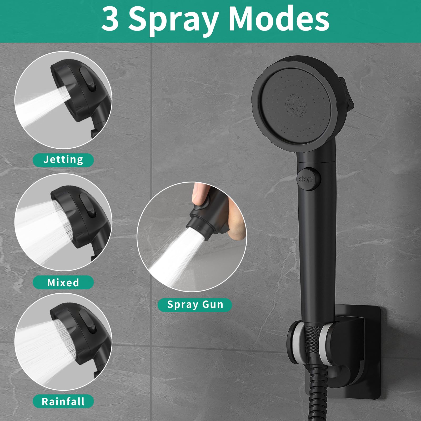 HEROBAI Sink Hose Sprayer Attachment for Faucet, 3 Mode Shower Head Attaches to Tub Faucet with 5 Adapters, High Pressure Shower Head for Bathtub, Handheld Showerhead with Filter (Black)