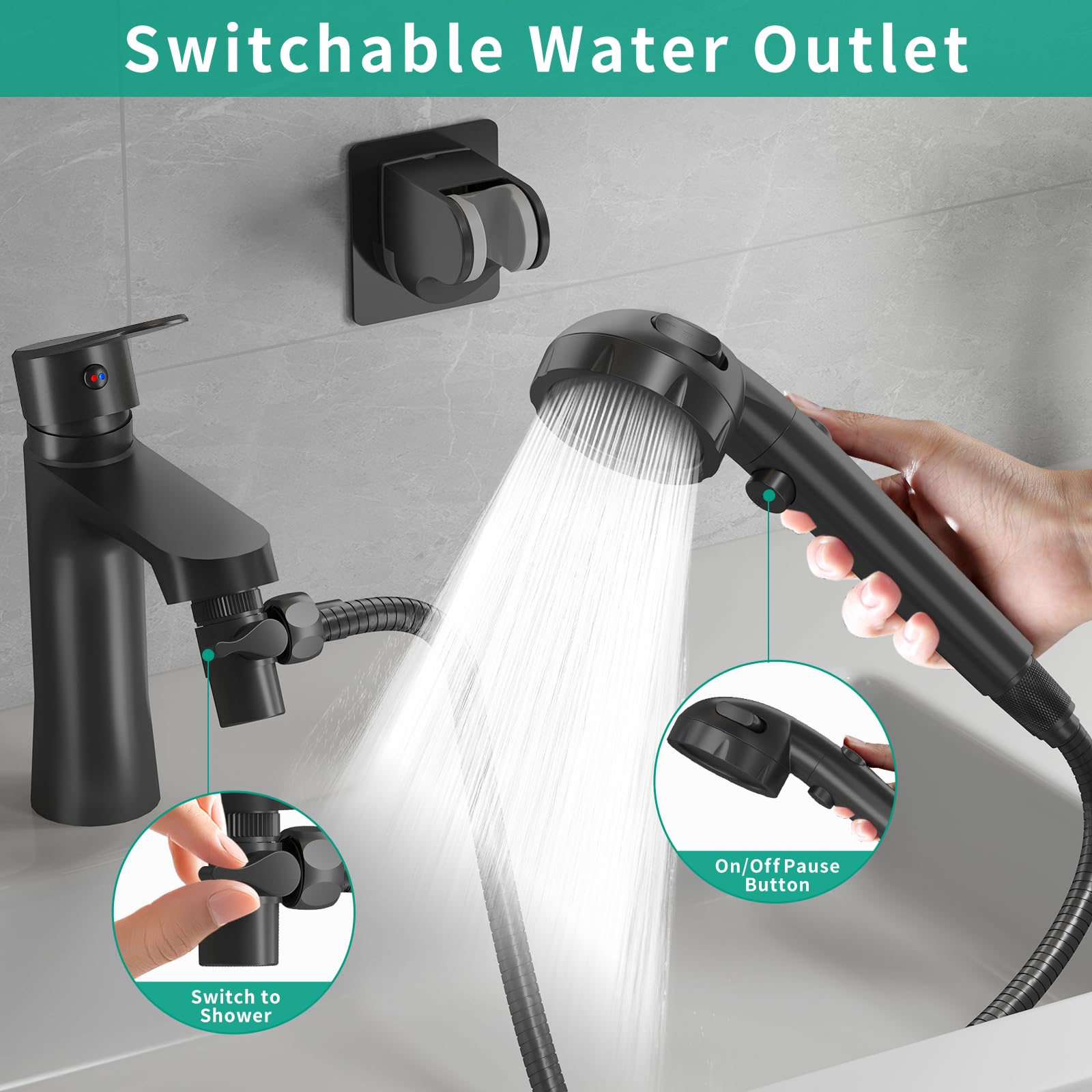 HEROBAI Sink Hose Sprayer Attachment for Faucet, 3 Mode Shower Head Attaches to Tub Faucet with 5 Adapters, High Pressure Shower Head for Bathtub, Handheld Showerhead with Filter (Black)