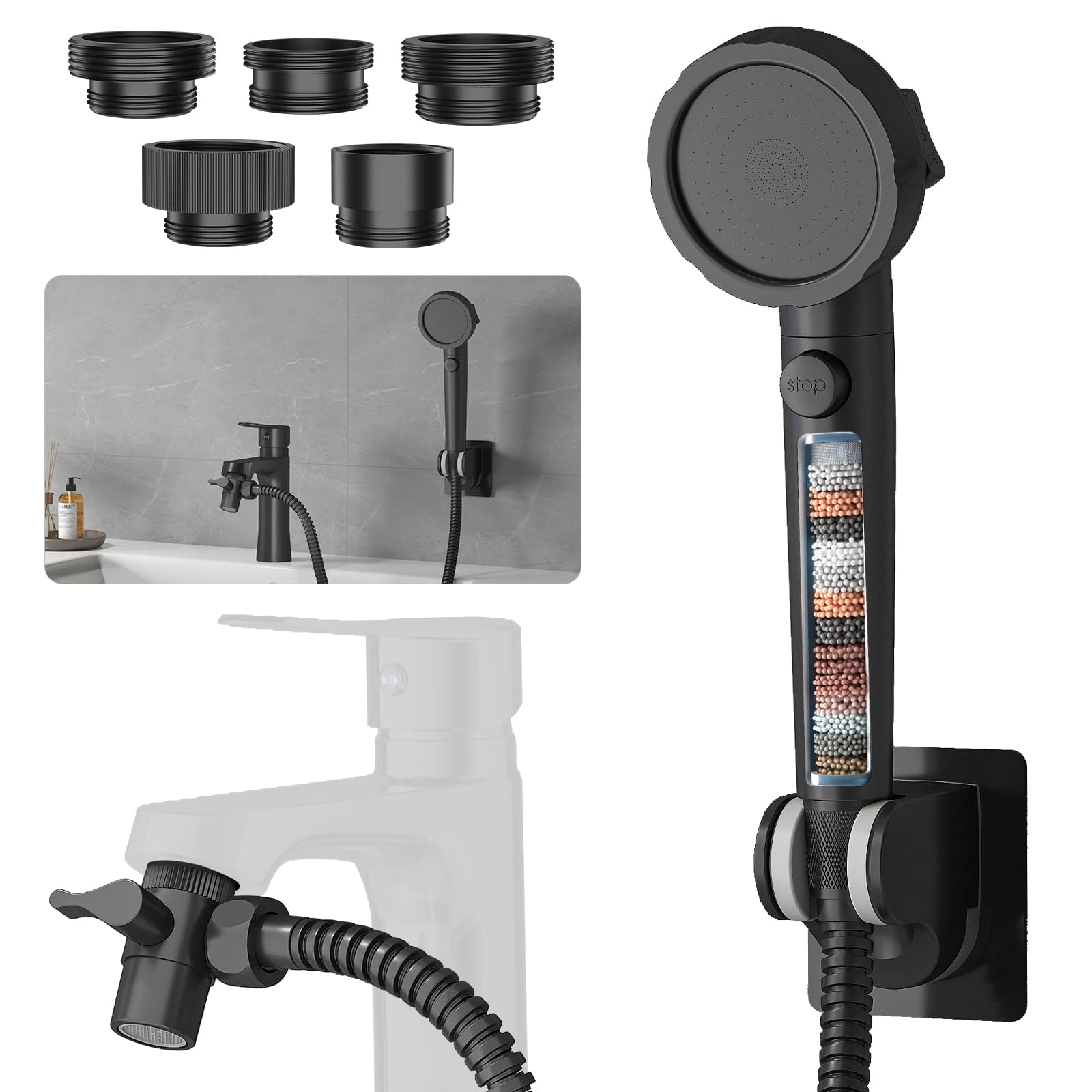 HEROBAI Sink Hose Sprayer Attachment for Faucet, 3 Mode Shower Head Attaches to Tub Faucet with 5 Adapters, High Pressure Shower Head for Bathtub, Handheld Showerhead with Filter (Black)
