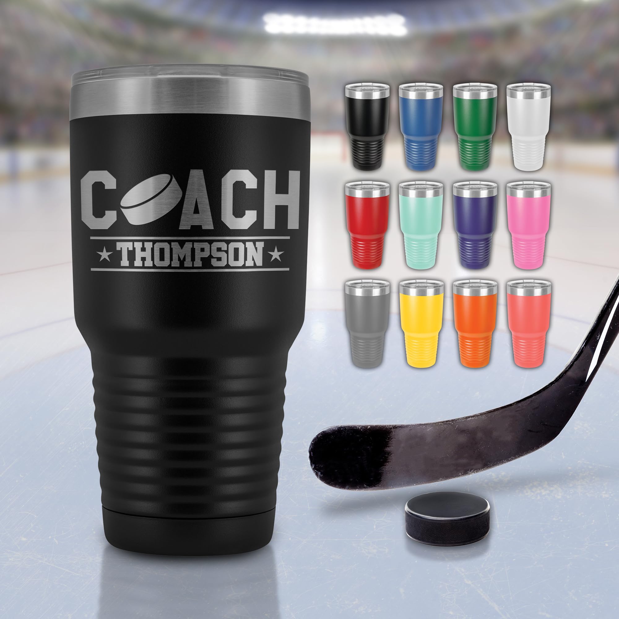 Personalized Hockey Coach Tumbler Cup With Coach Name - Customized Hockey Coach Gift - Custom Hockey Coach Travel Mug - Black