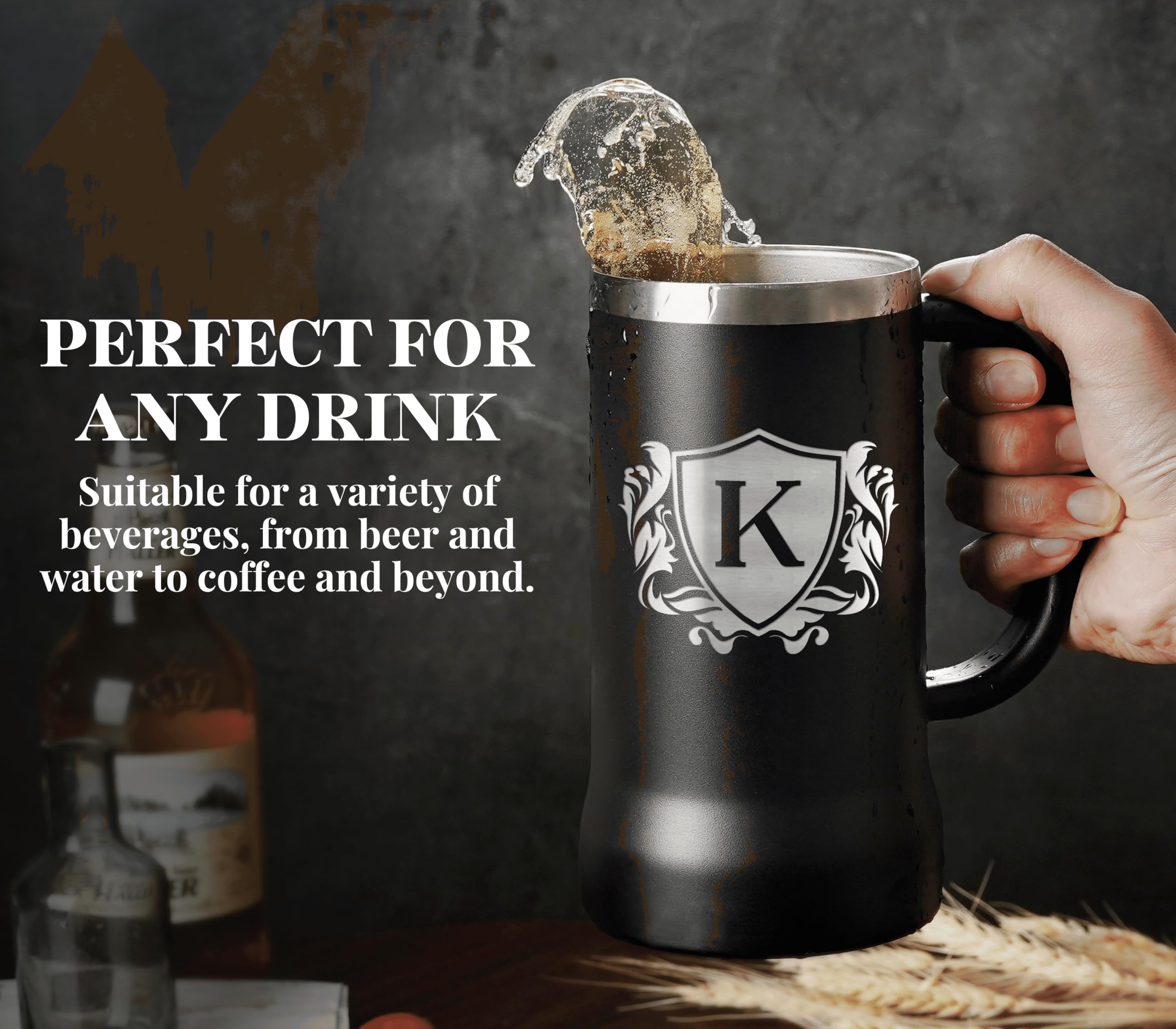 Onebttl Personalized Beer Stein, Beer Mug with Handle - Gifts for Beer Lovers, Men Who Have Everything on Birthday, Christmas - Customized Monogram 24 oz Double Wall Stainless Steel Cup, B