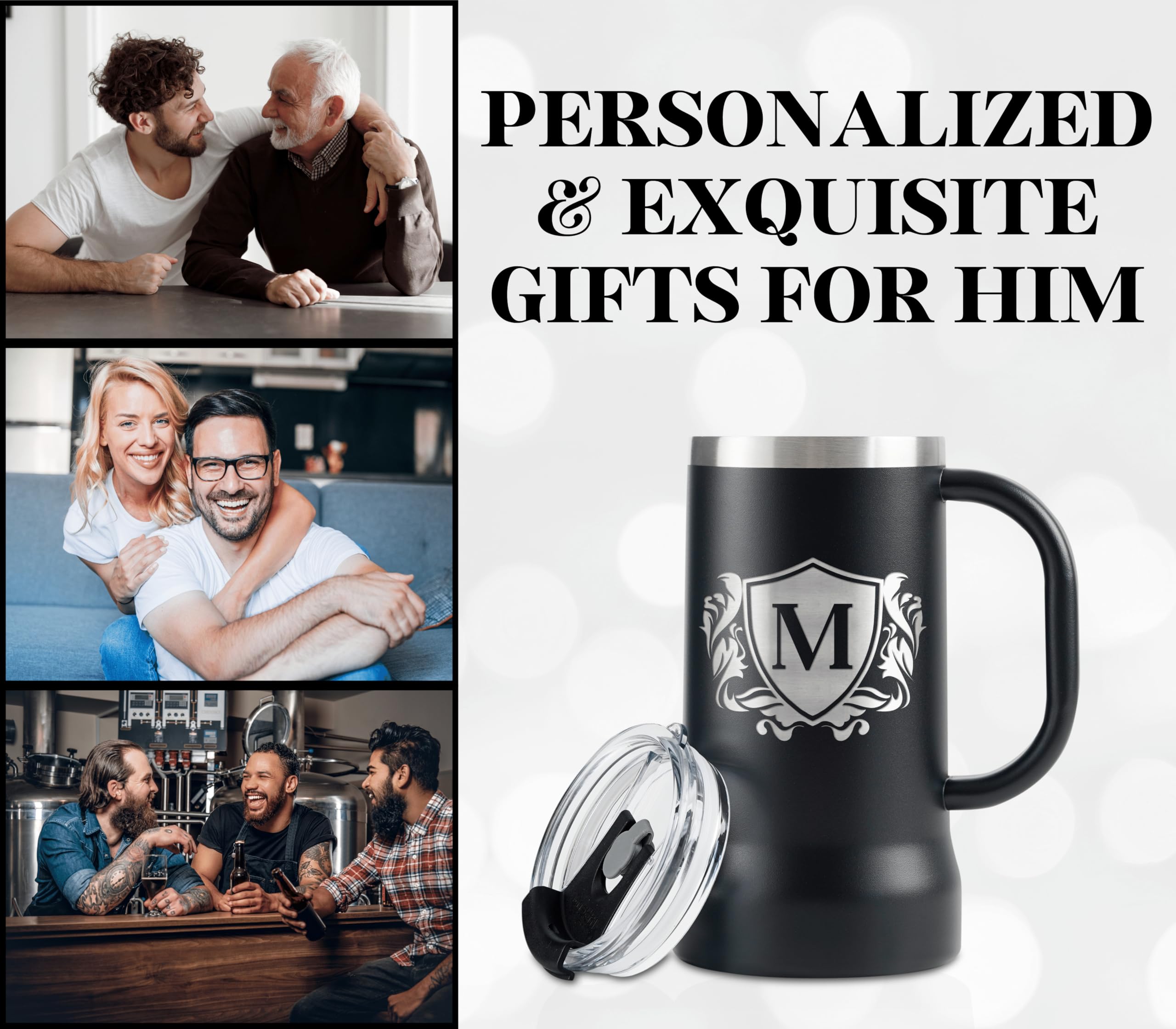 Onebttl Personalized Beer Stein, Beer Mug with Handle - Gifts for Beer Lovers, Men Who Have Everything on Birthday, Christmas - Customized Monogram 24 oz Double Wall Stainless Steel Cup, B