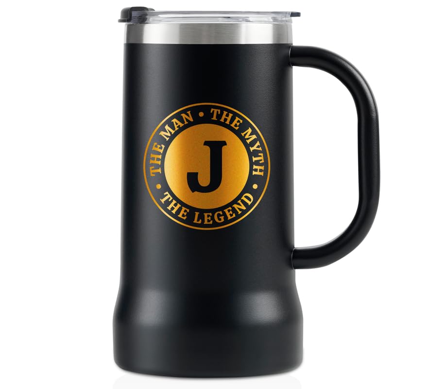 Onebttl Personalized Travel Mug with Handle, Beer Stein for Men, Funny Custom Alcohol Gifts for Beer Lovers, Unique Birthday Christmas Gifts for Him, the Man the Myth the Legend, J