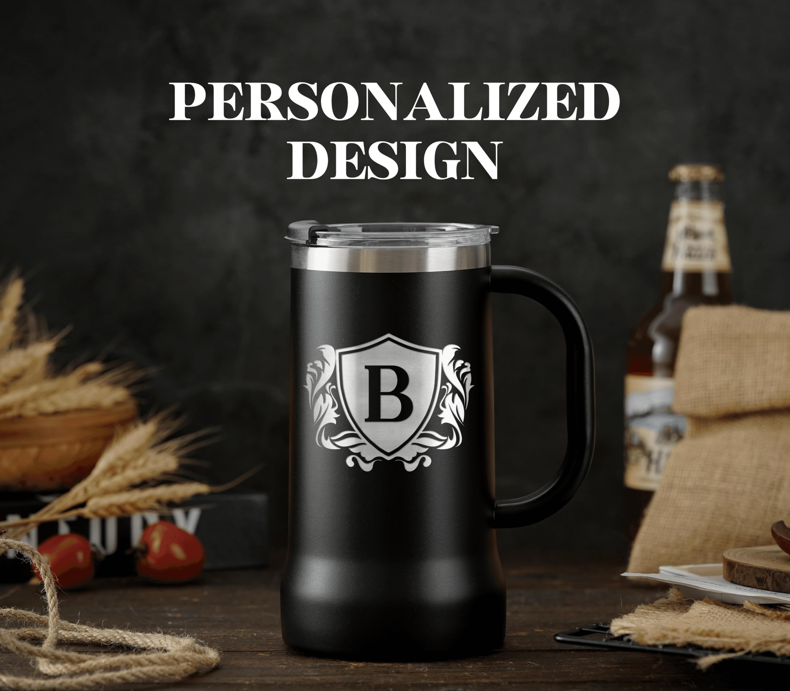 Onebttl Personalized Beer Stein, Beer Mug with Handle - Gifts for Beer Lovers, Men Who Have Everything on Birthday, Christmas - Customized Monogram 24 oz Double Wall Stainless Steel Cup, F