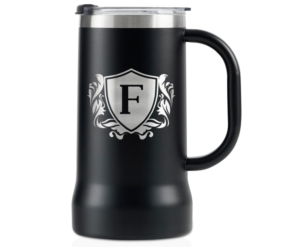 Onebttl Personalized Beer Stein, Beer Mug with Handle - Gifts for Beer Lovers, Men Who Have Everything on Birthday, Christmas - Customized Monogram 24 oz Double Wall Stainless Steel Cup, F