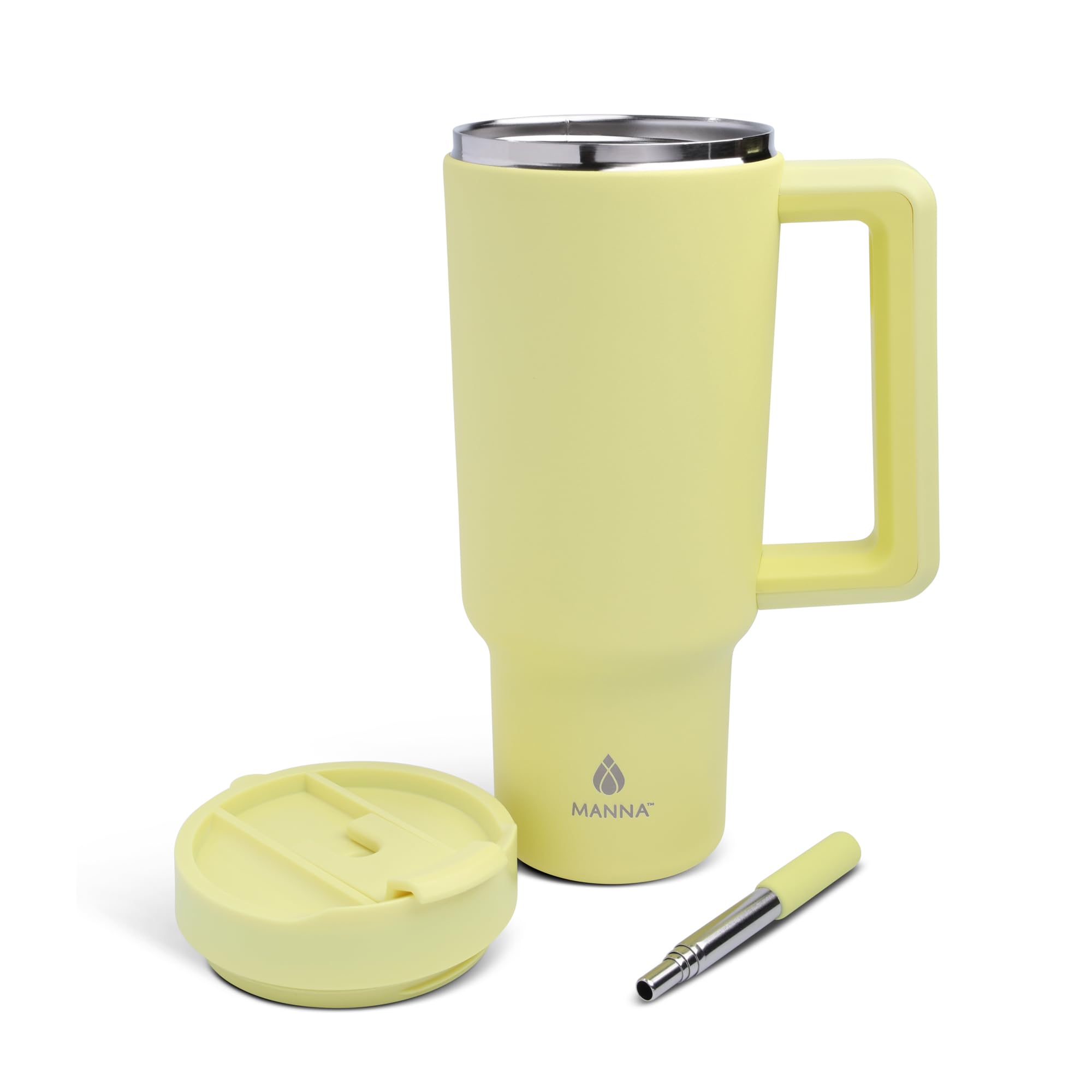 Manna Stainless Steel Double Wall Insulated Tumbler with Smart Seal Dual Sip Lid and Straw Fit Handle - 40 Oz - Yellow Powder Coat