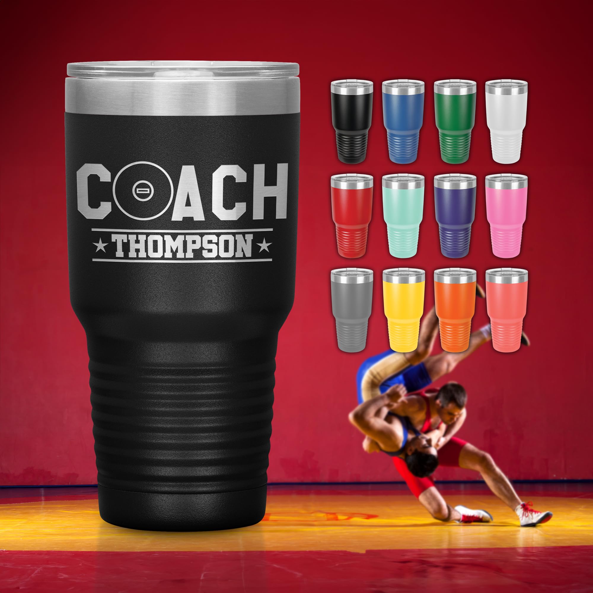 Personalized Wrestling Coach Tumbler Cup With Coach Name - Customized Wrestling Coach Gift - Custom Wrestling Coach Travel Mug - Black