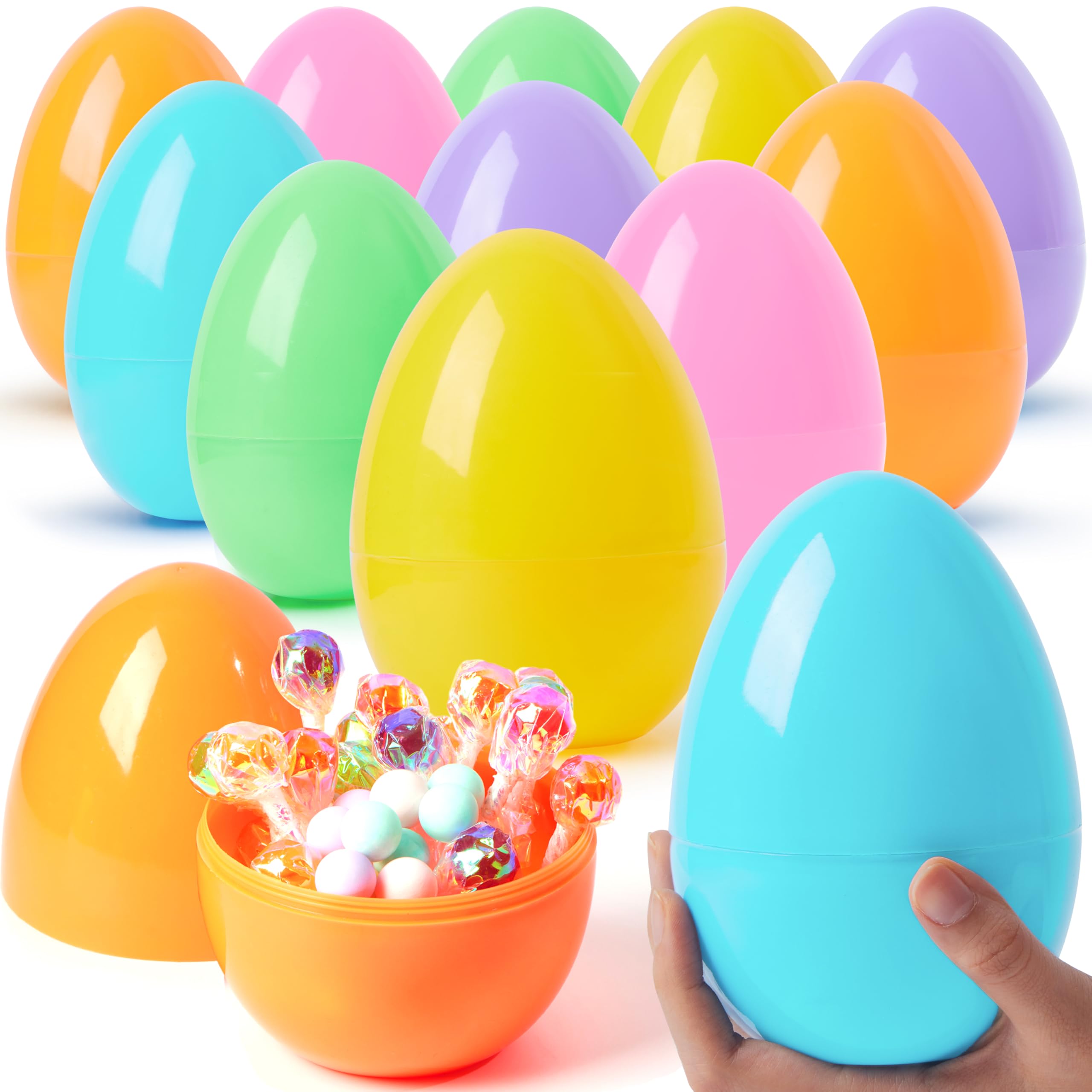 JOYIN 12 Pcs Large Pastel Easter Eggs, 6 Inches Jumbo Plastic Eggs Fillable for Easter Themed Hunt Colorful Basket Stuffers Fillers Filling Treats Party Favor Classroom Prize Supplies