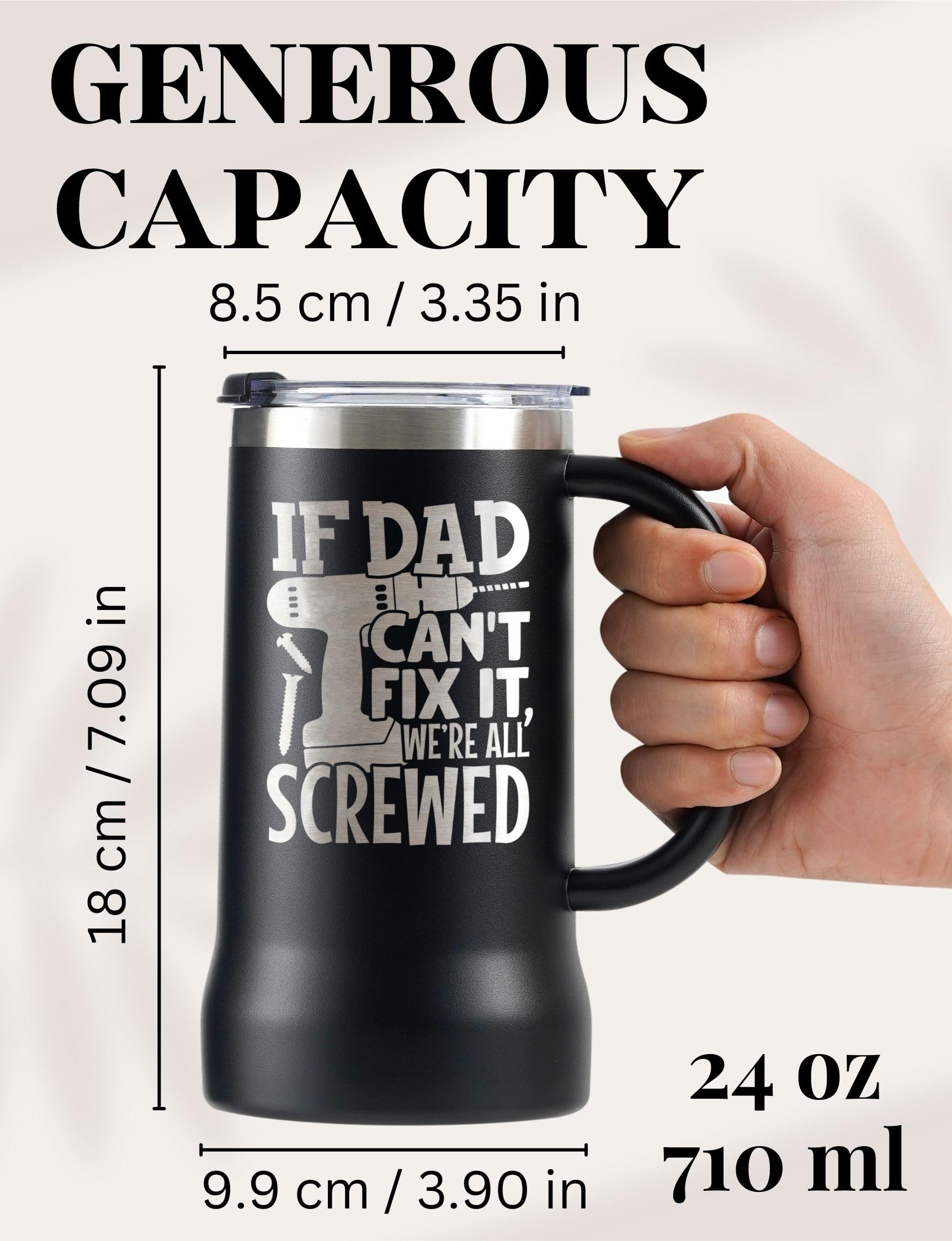 Onebttl Dad Fix Gifts from Daughter Son, Stainless Steel Beer Stein Tumbler, 24oz Beer Mug with Lid for Father's Day