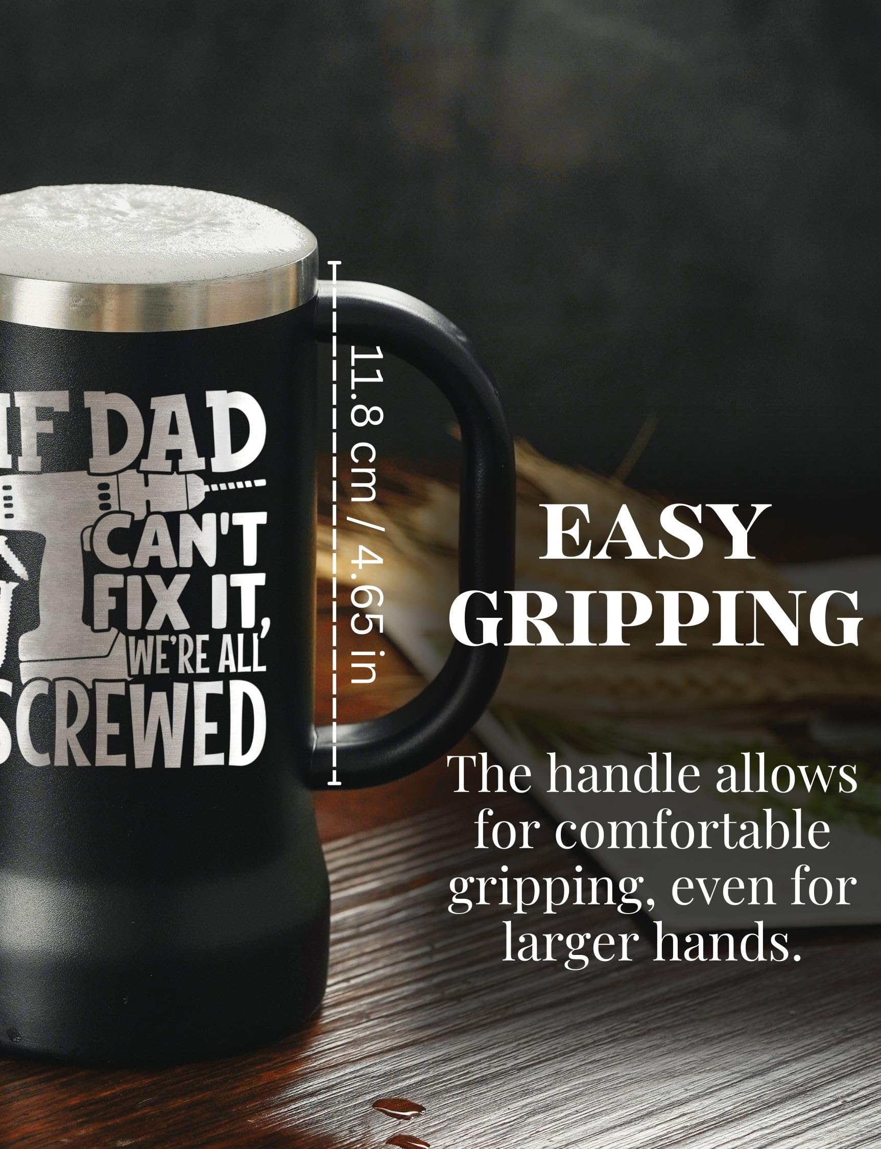 Onebttl Dad Fix Gifts from Daughter Son, Stainless Steel Beer Stein Tumbler, 24oz Beer Mug with Lid for Father's Day