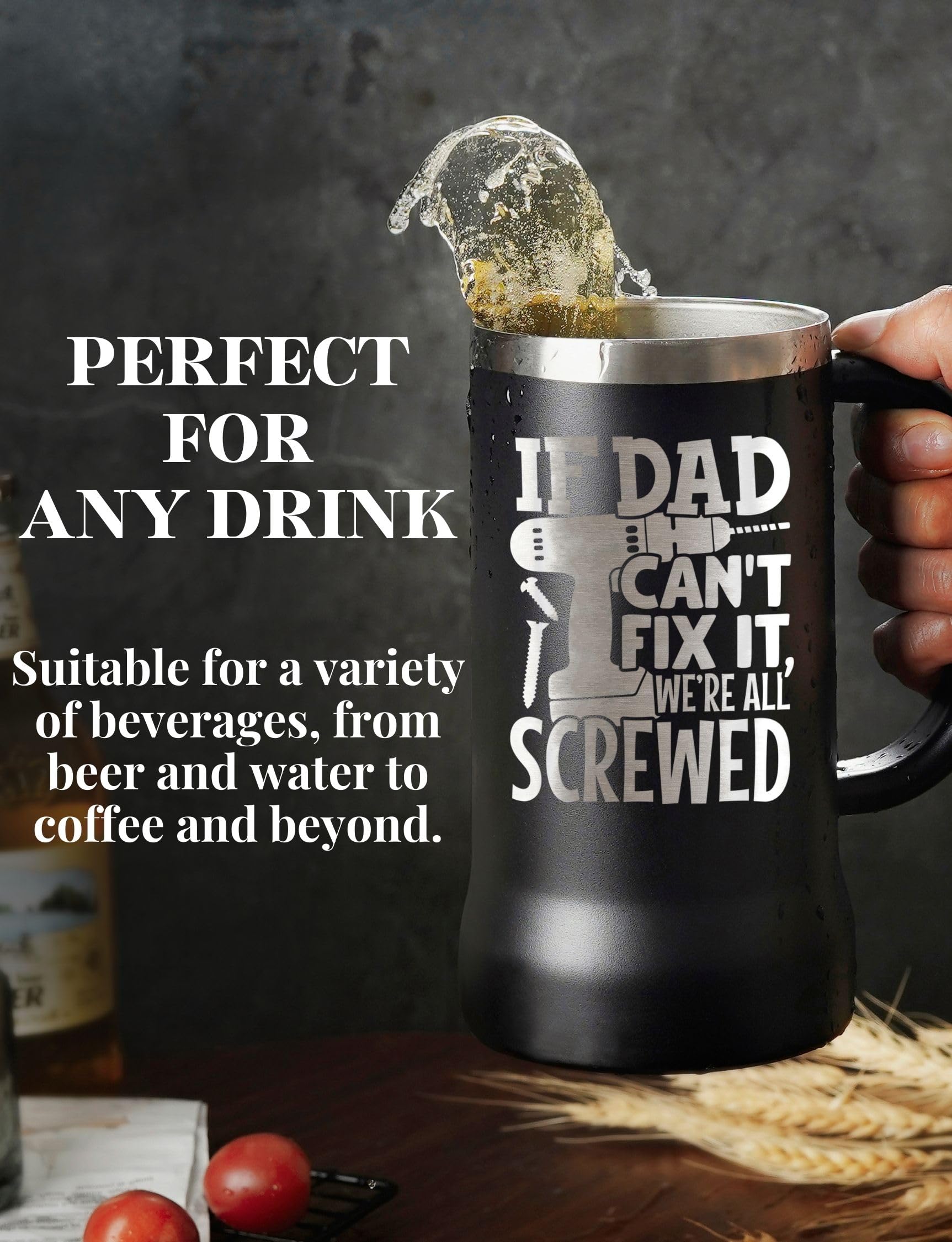 Onebttl Dad Fix Gifts from Daughter Son, Stainless Steel Beer Stein Tumbler, 24oz Beer Mug with Lid for Father's Day