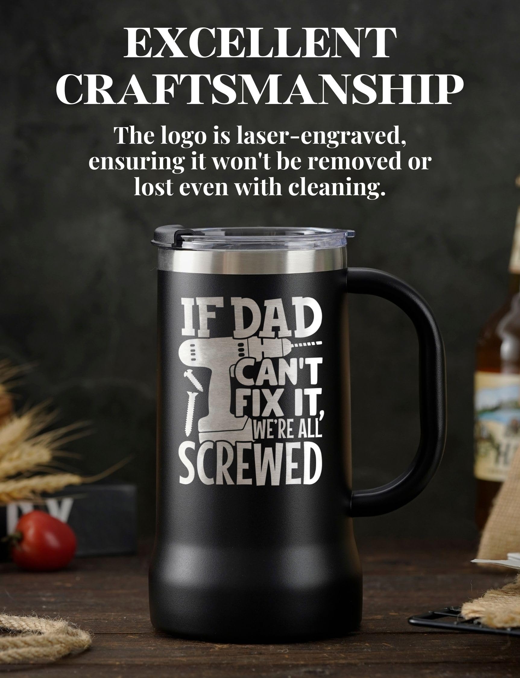 Onebttl Dad Fix Gifts from Daughter Son, Stainless Steel Beer Stein Tumbler, 24oz Beer Mug with Lid for Father's Day