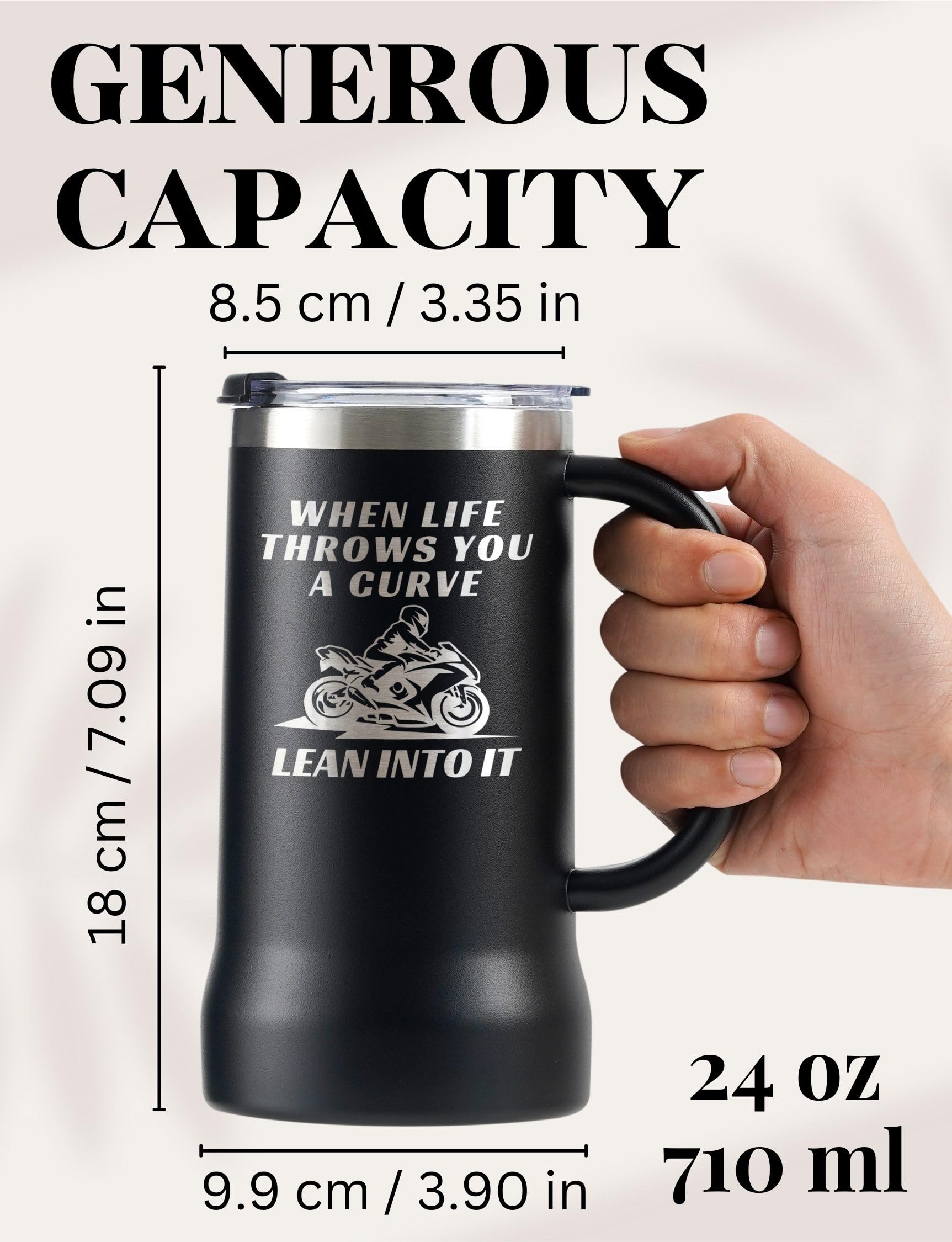 Onebttl Motorcycle Gifts for Men, When Life Throws You a Curve, Lean into it, Stainless Steel Beer Stein Tumbler, 24oz Beer Mug with Lid