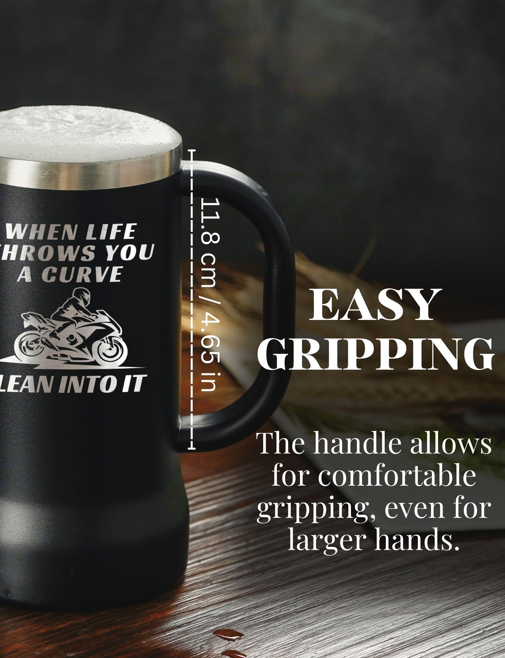 Onebttl Motorcycle Gifts for Men, When Life Throws You a Curve, Lean into it, Stainless Steel Beer Stein Tumbler, 24oz Beer Mug with Lid