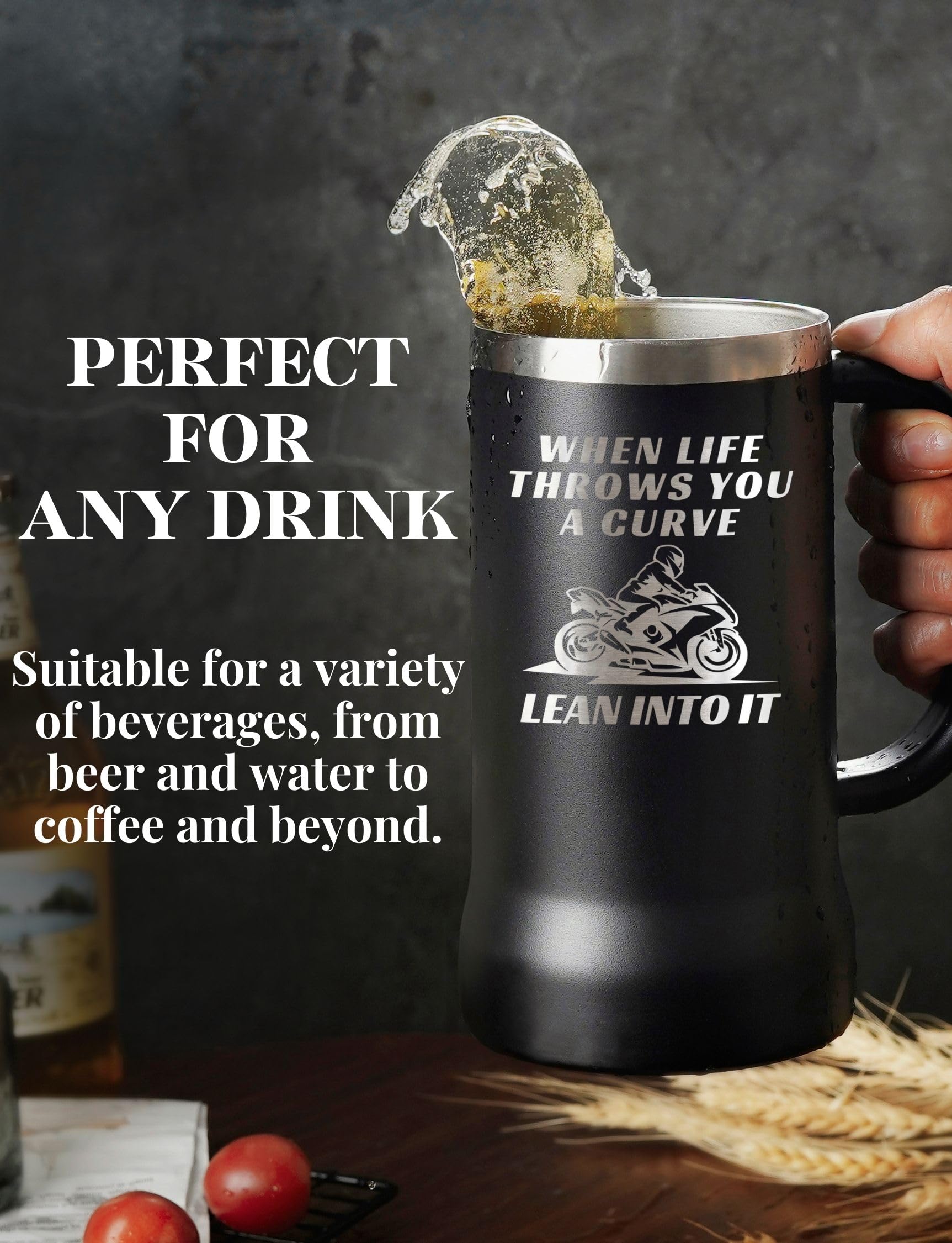 Onebttl Motorcycle Gifts for Men, When Life Throws You a Curve, Lean into it, Stainless Steel Beer Stein Tumbler, 24oz Beer Mug with Lid