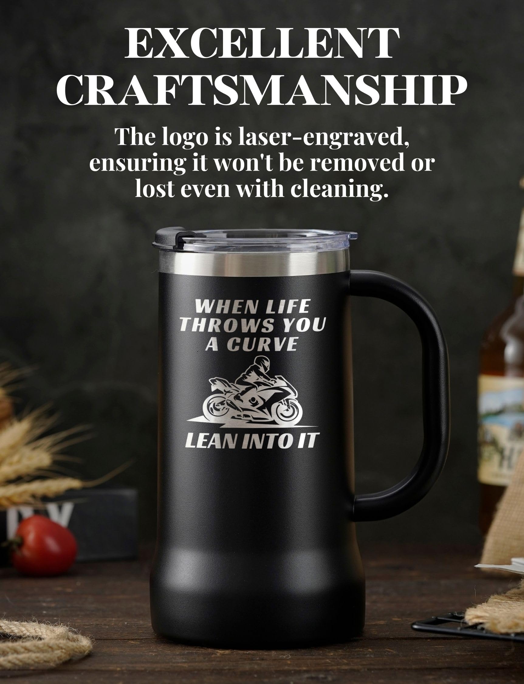 Onebttl Motorcycle Gifts for Men, When Life Throws You a Curve, Lean into it, Stainless Steel Beer Stein Tumbler, 24oz Beer Mug with Lid