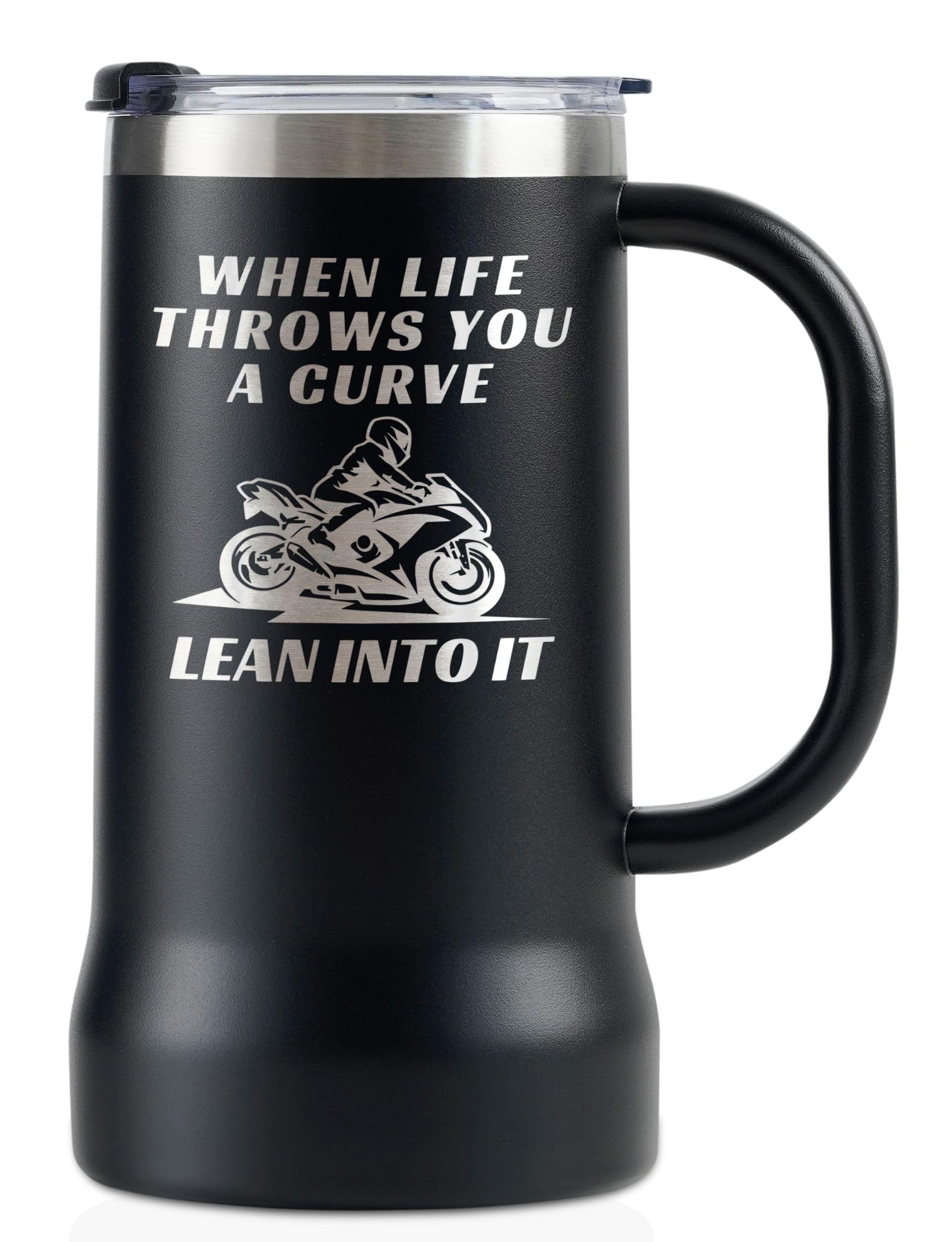 Onebttl Motorcycle Gifts for Men, When Life Throws You a Curve, Lean into it, Stainless Steel Beer Stein Tumbler, 24oz Beer Mug with Lid