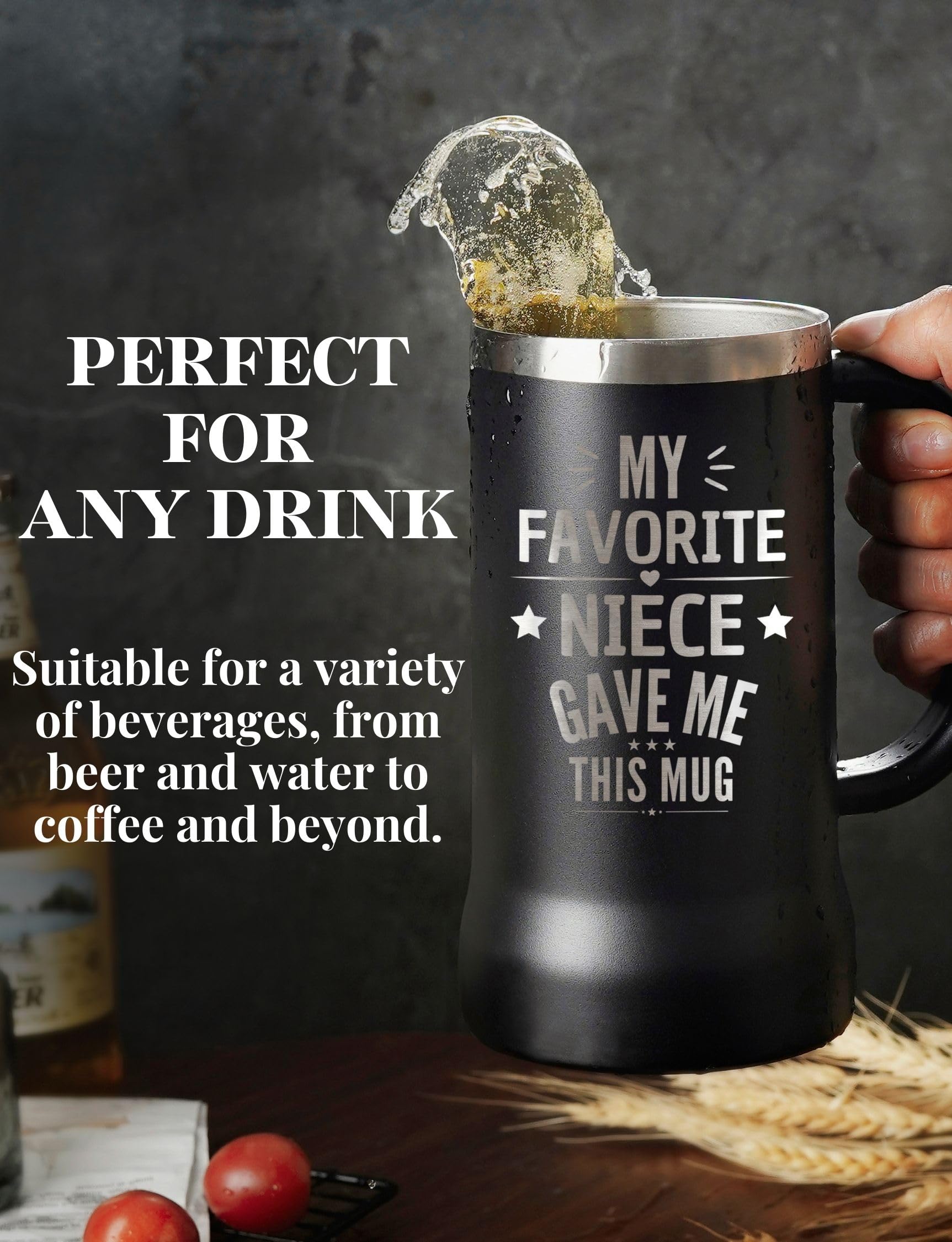 Onebttl Uncle Gifts from Niece, Stainless Steel Beer Stein Tumbler, 24oz Beer Mug with Lid
