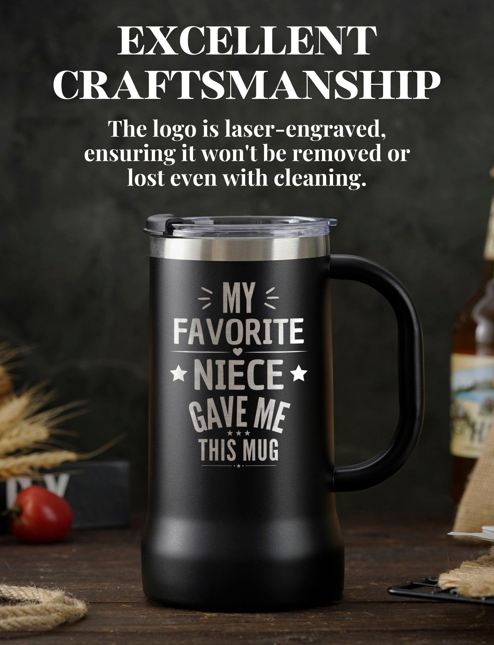 Onebttl Uncle Gifts from Niece, Stainless Steel Beer Stein Tumbler, 24oz Beer Mug with Lid