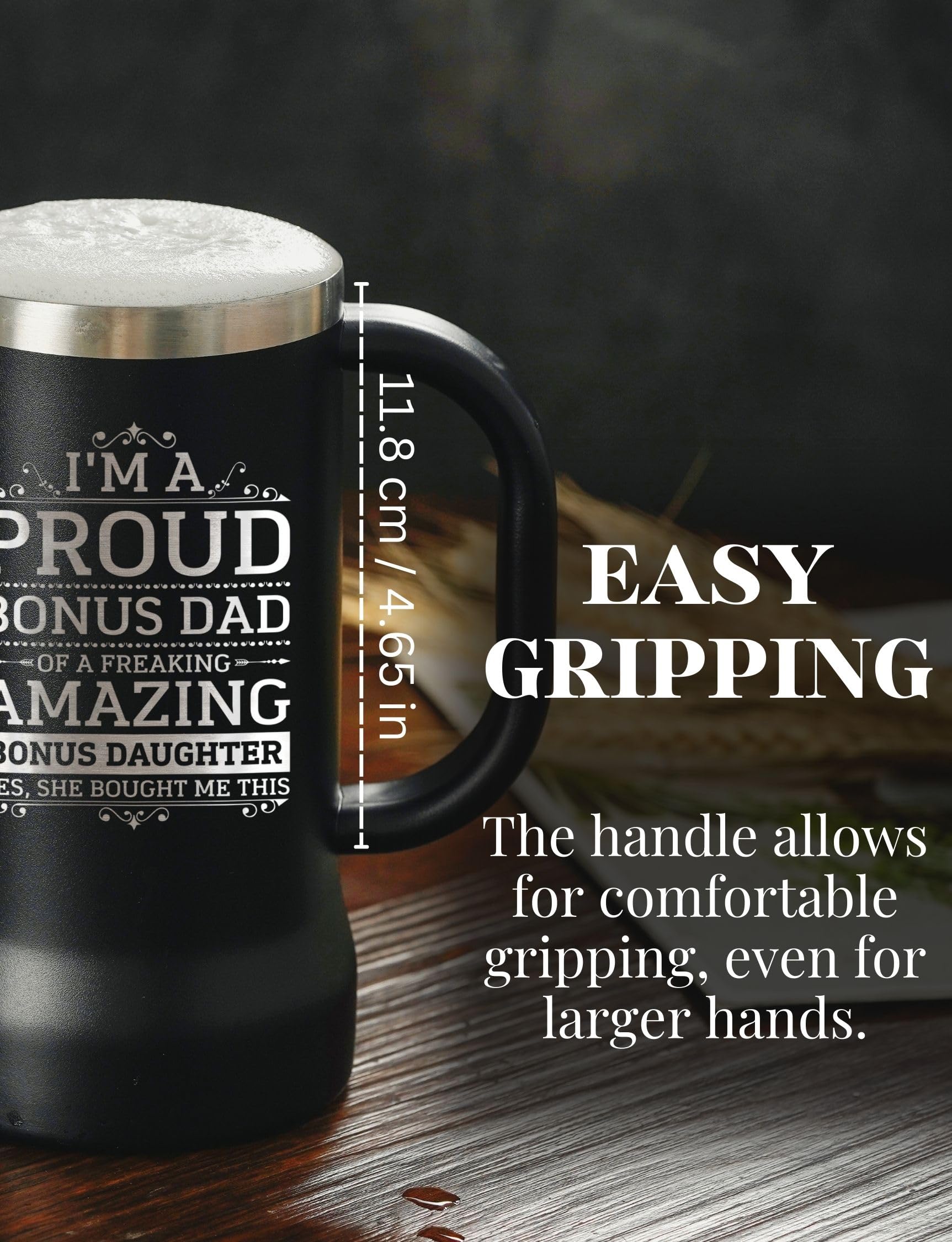 Onebttl Bonus Dad Stepdad Gifts from Daughter Son, Stainless Steel Beer Stein Tumbler, 24oz Beer Mug with Lid for Father's Day