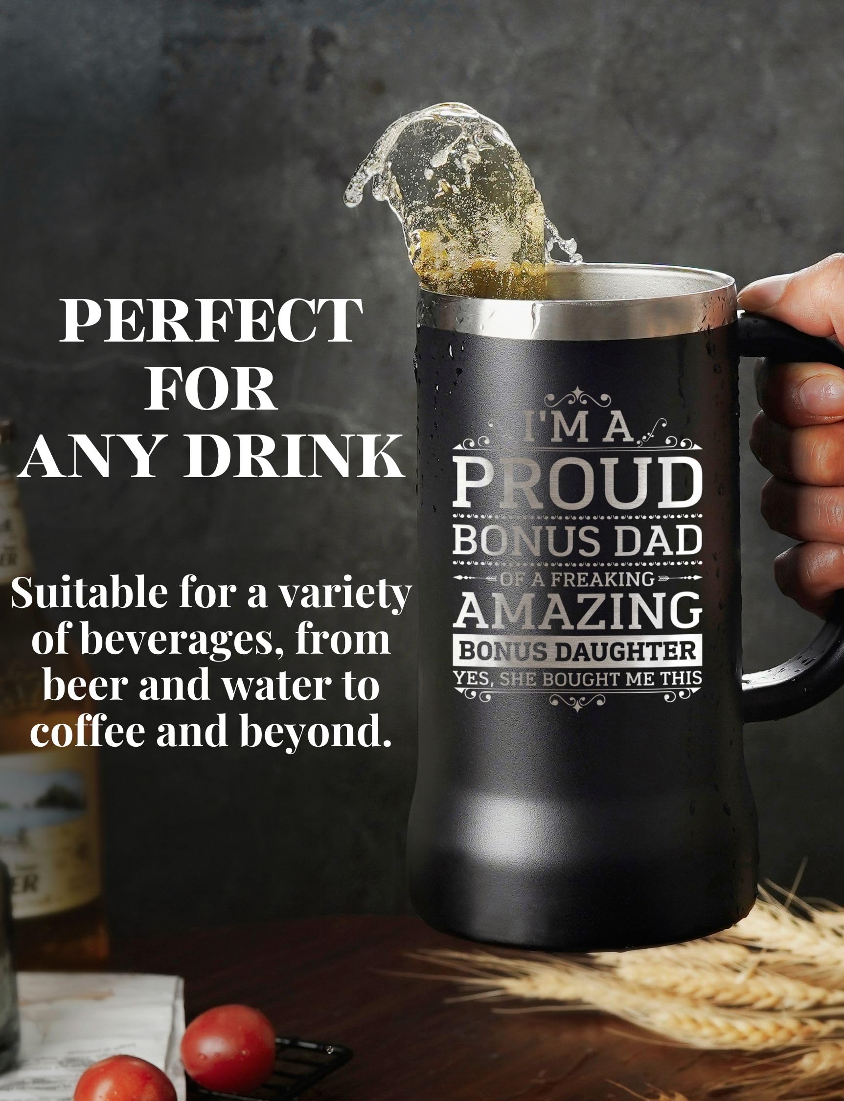 Onebttl Bonus Dad Stepdad Gifts from Daughter Son, Stainless Steel Beer Stein Tumbler, 24oz Beer Mug with Lid for Father's Day