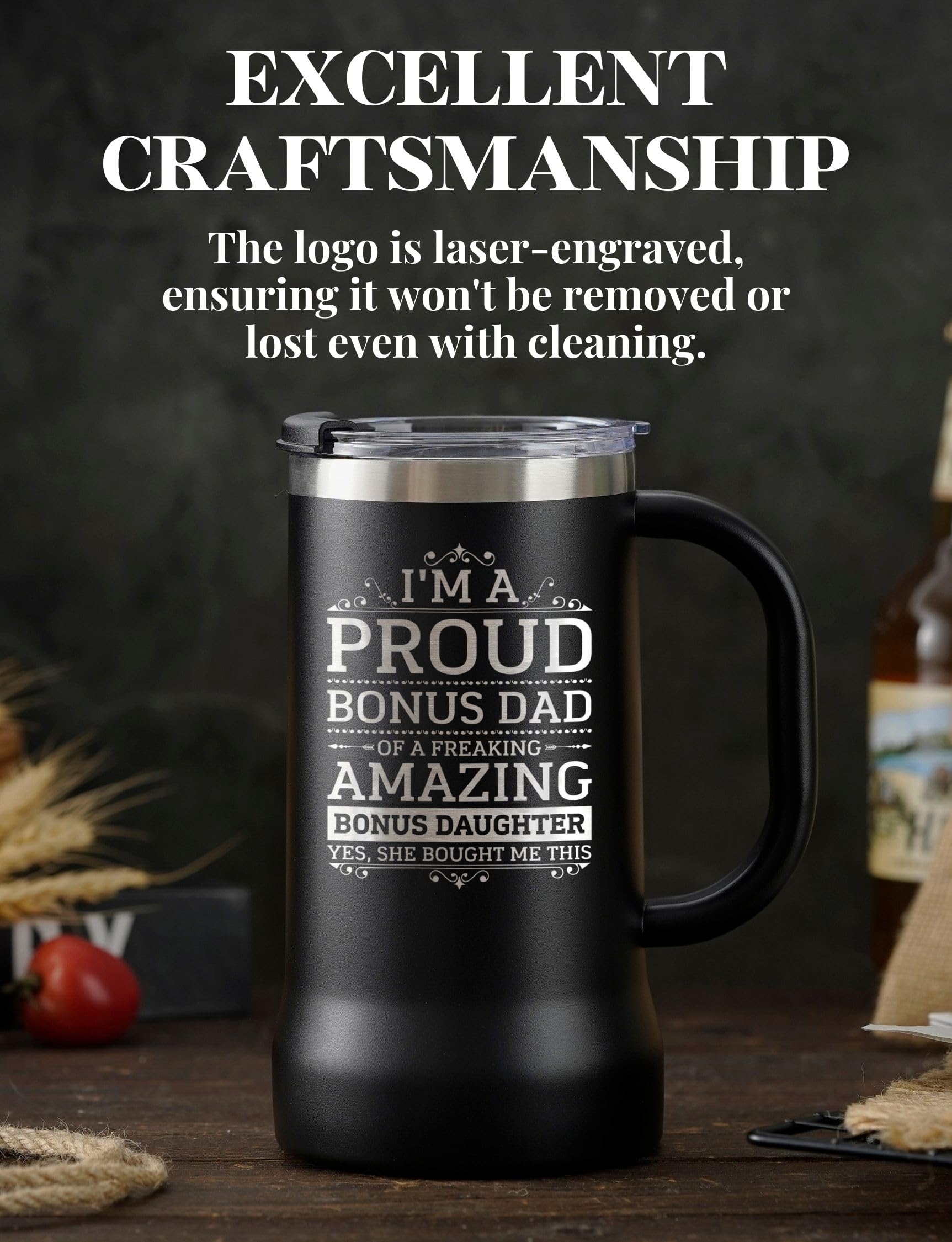 Onebttl Bonus Dad Stepdad Gifts from Daughter Son, Stainless Steel Beer Stein Tumbler, 24oz Beer Mug with Lid for Father's Day