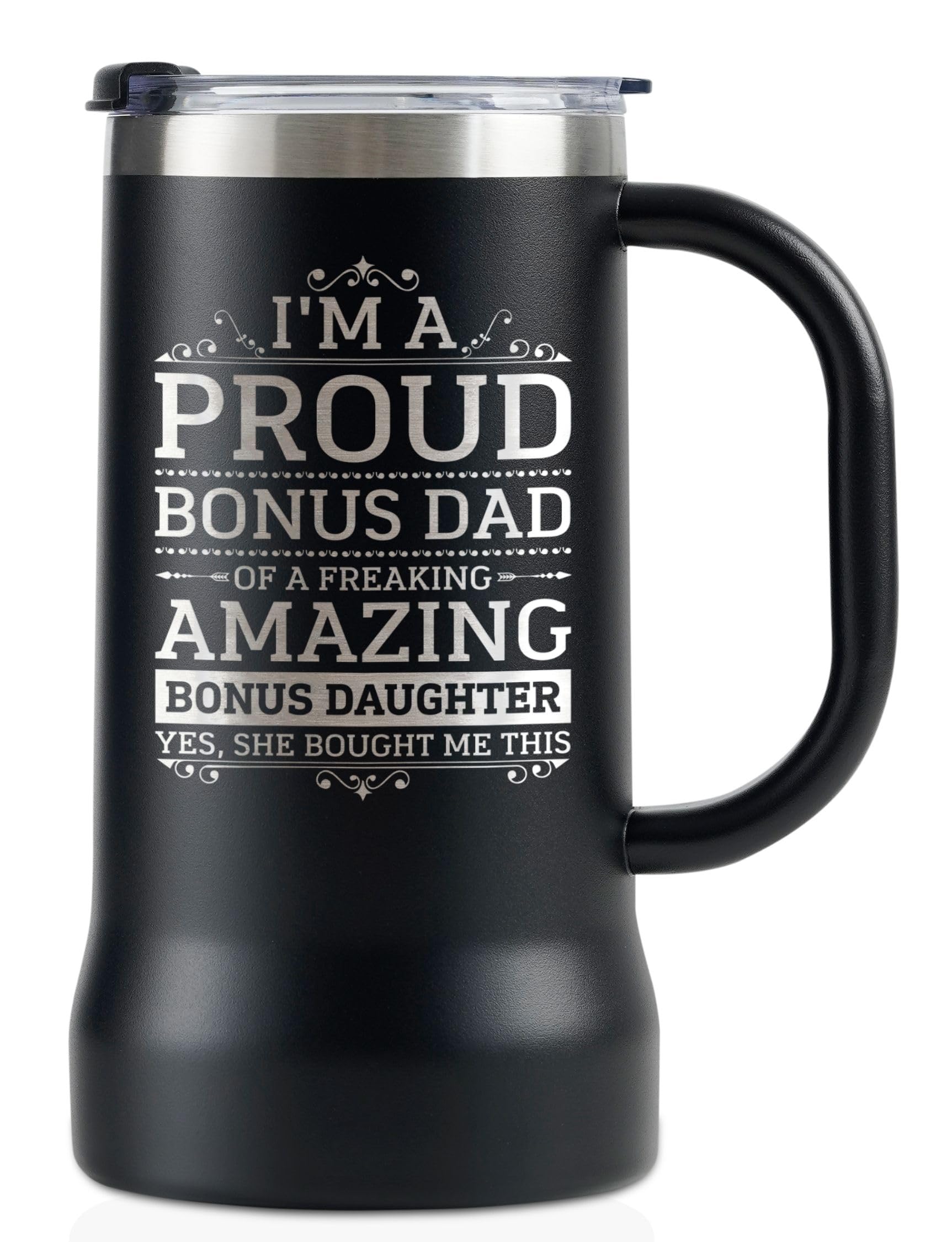 Onebttl Bonus Dad Stepdad Gifts from Daughter Son, Stainless Steel Beer Stein Tumbler, 24oz Beer Mug with Lid for Father's Day