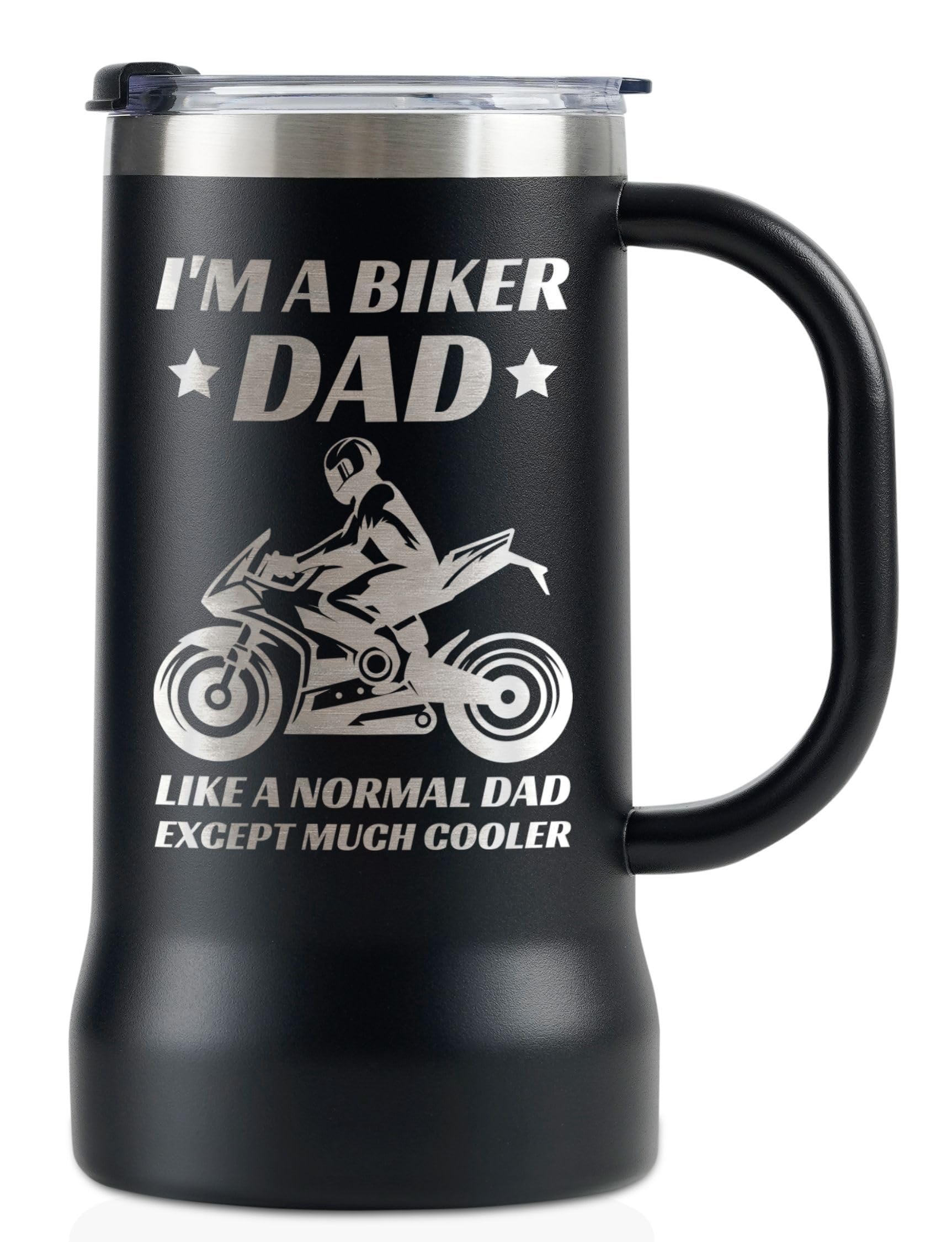 Onebttl Biker Dad Motorcycle Gifts for Men, Stainless Steel Beer Stein Tumbler, 24oz Beer Mug with Lid