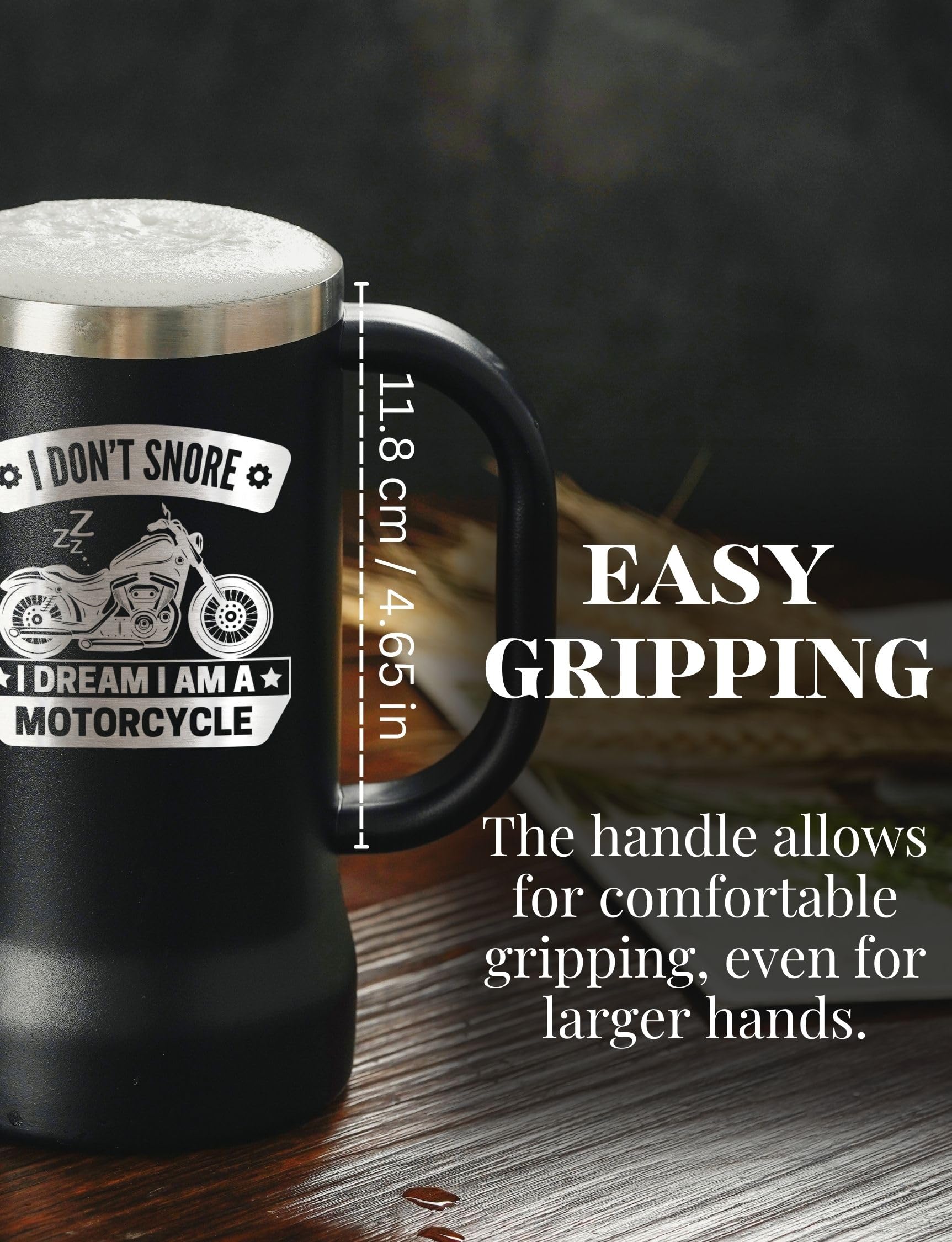 Onebttl Motorcycle Gifts for Men, I Don't Snore I Dream I'm a Motorcycle, Stainless Steel Beer Stein Tumbler, 24oz Beer Mug with Lid