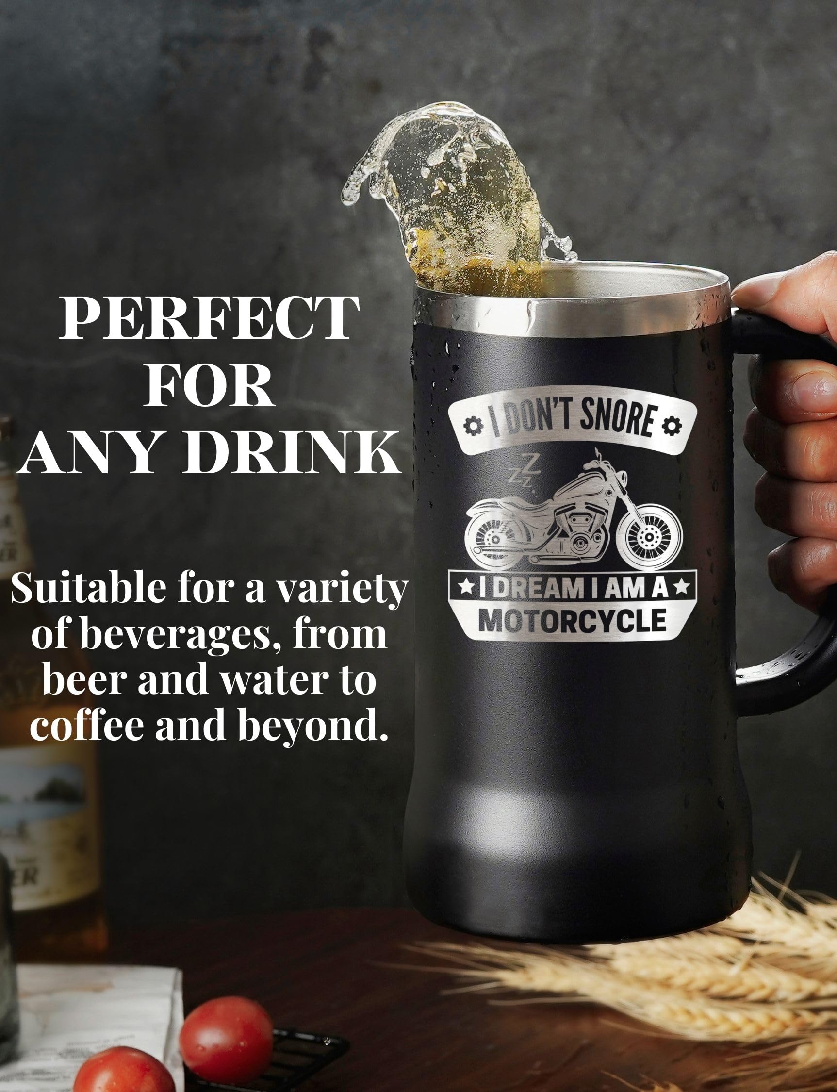 Onebttl Motorcycle Gifts for Men, I Don't Snore I Dream I'm a Motorcycle, Stainless Steel Beer Stein Tumbler, 24oz Beer Mug with Lid