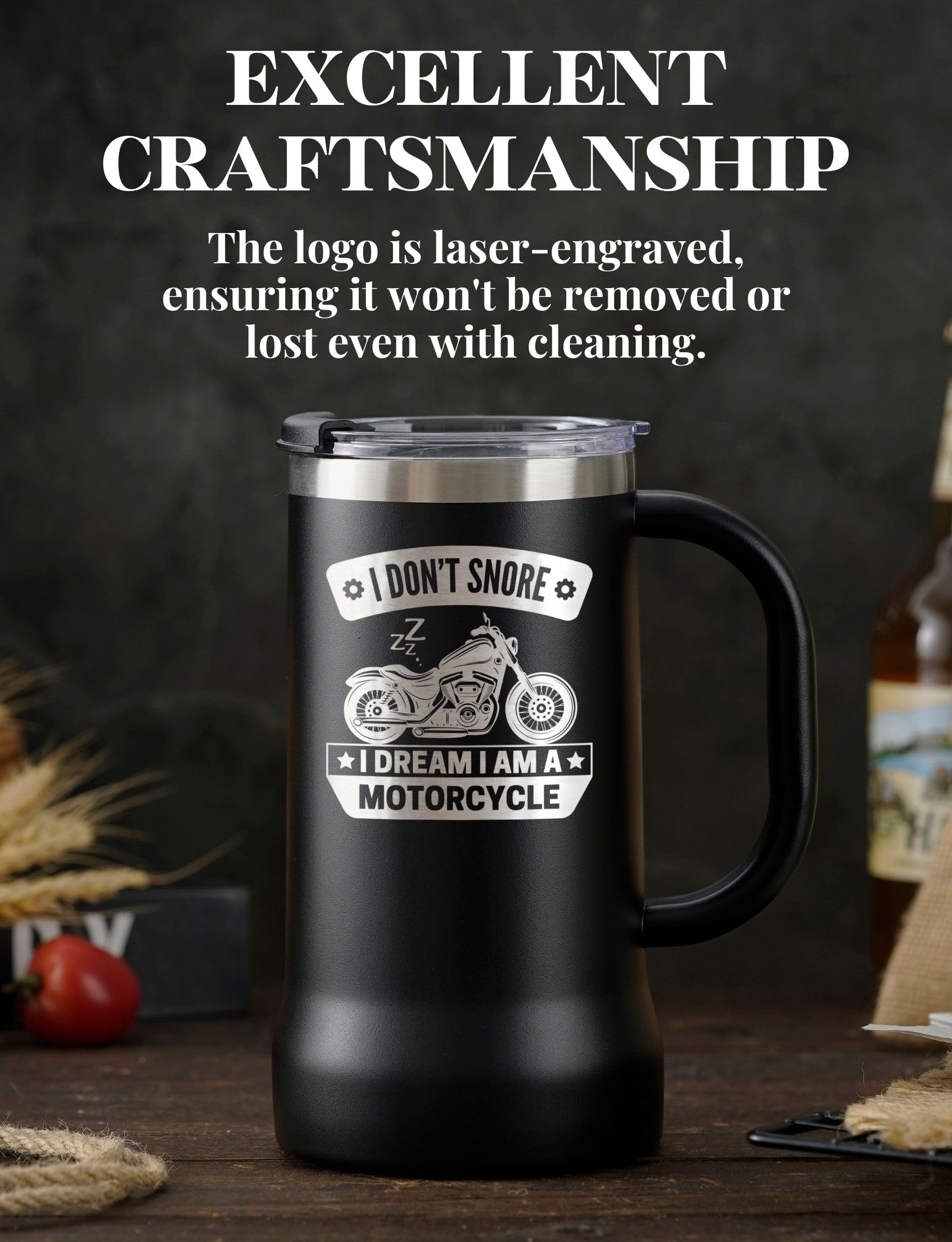 Onebttl Motorcycle Gifts for Men, I Don't Snore I Dream I'm a Motorcycle, Stainless Steel Beer Stein Tumbler, 24oz Beer Mug with Lid