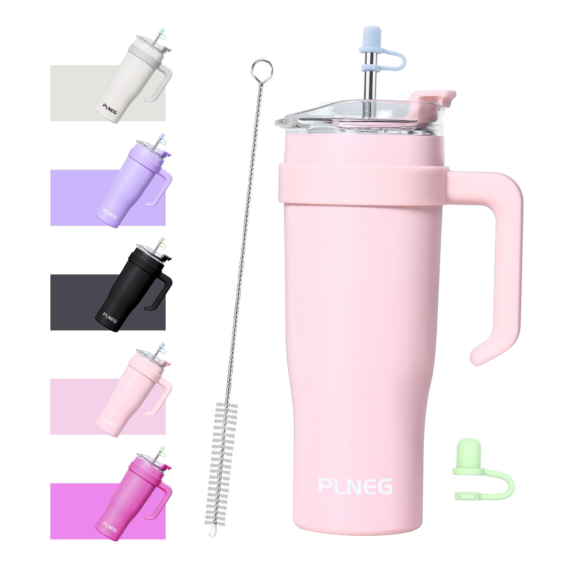 PLNEG Tumbler with Handle 40oz Insulated Water Bottle with Straw Lid Stainless Steel Travel Coffee Mug for Men Women gifts.(Pink,Single)