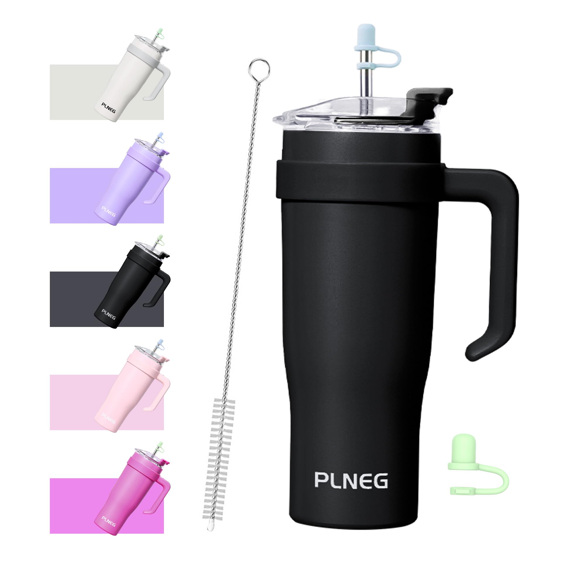 PLNEG Tumbler with Handle 40oz Insulated Water Bottle with Straw Lid Stainless Steel Travel Coffee Mug for Men Women gifts.(Black,Single)