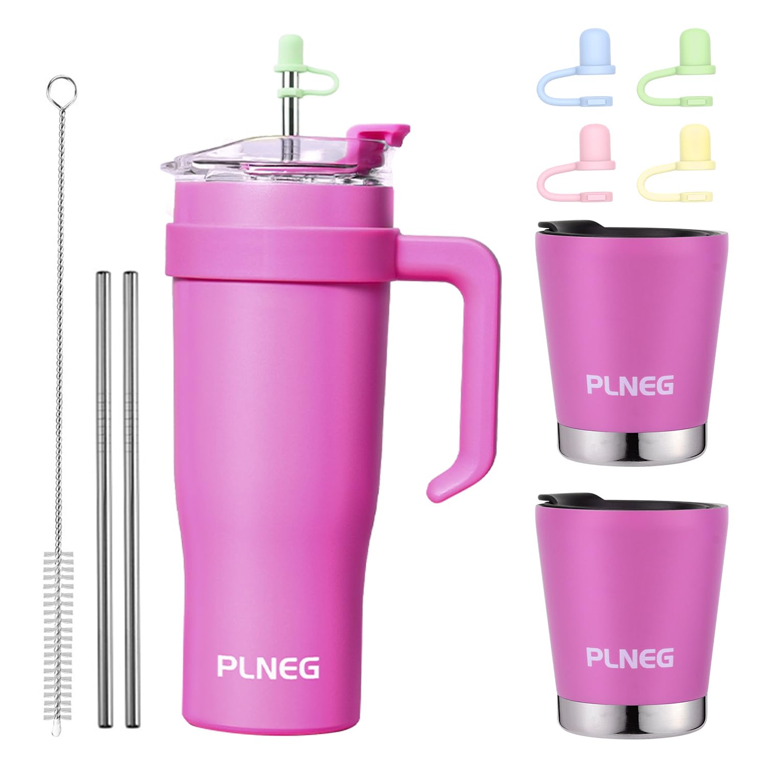 PLNEG Tumbler with Handle 40oz Insulated Water Bottle with Straw Lid Stainless Steel Travel Coffee Mug for Men Women gifts.(Rose Red,Set)