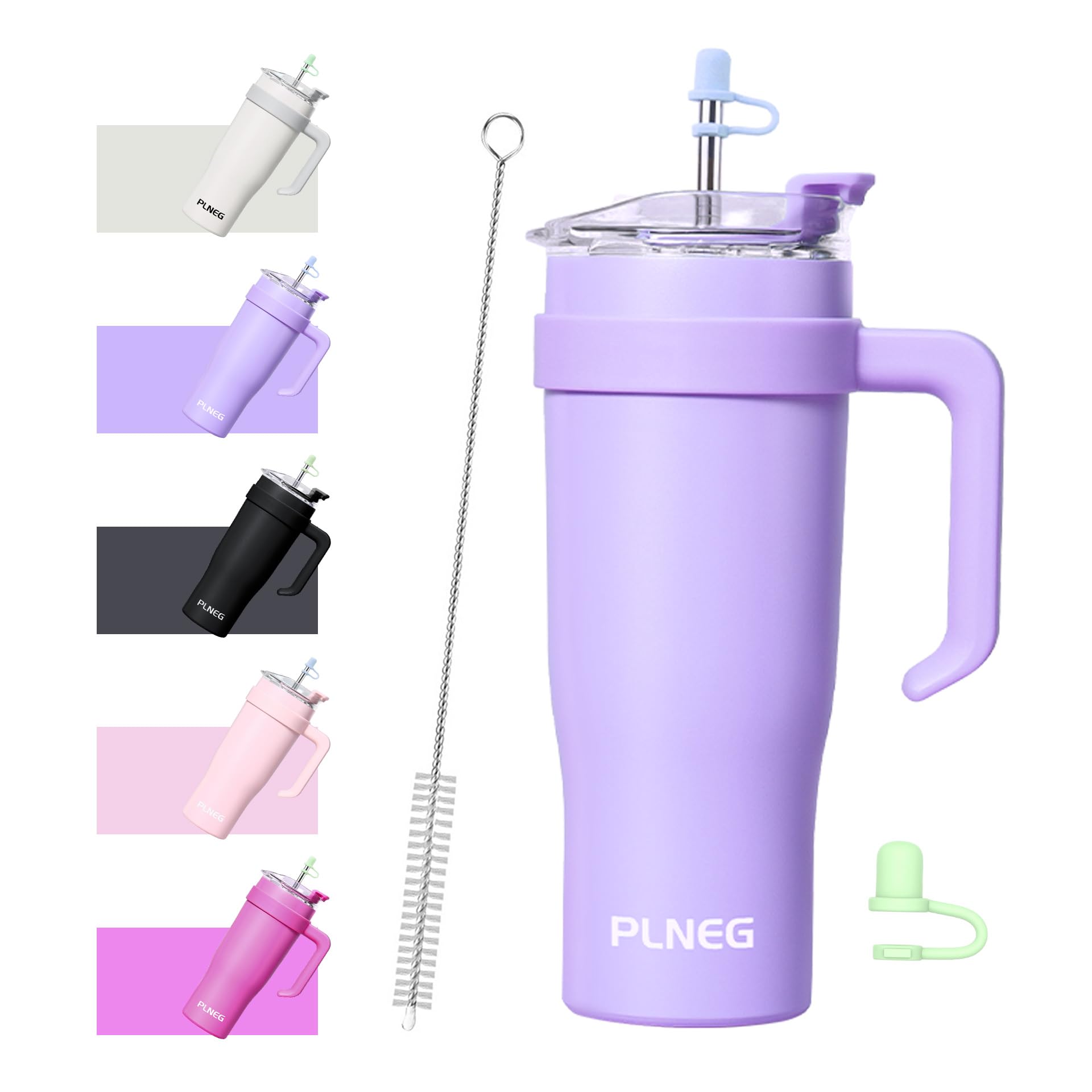 PLNEG Tumbler with Handle 40oz Insulated Water Bottle with Straw Lid Stainless Steel Travel Coffee Mug for Men Women gifts.(Purple,Single)