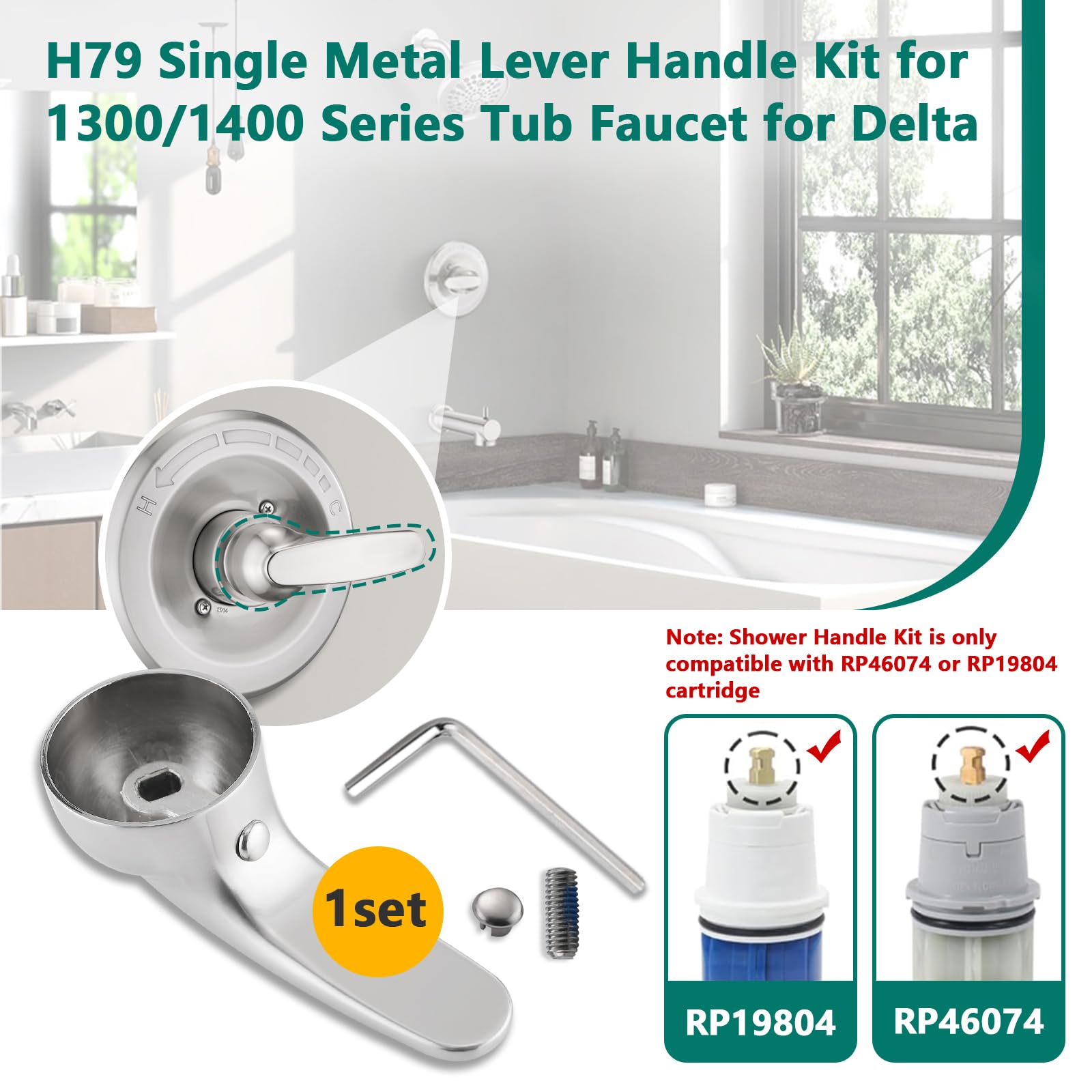 RAINREVIVE Repalcement Shower Handle, Compatible for 1300/1400 Series Tub Faucet for Delta, H79 Single Metal Lever Handle Kit, Brushed Nickel