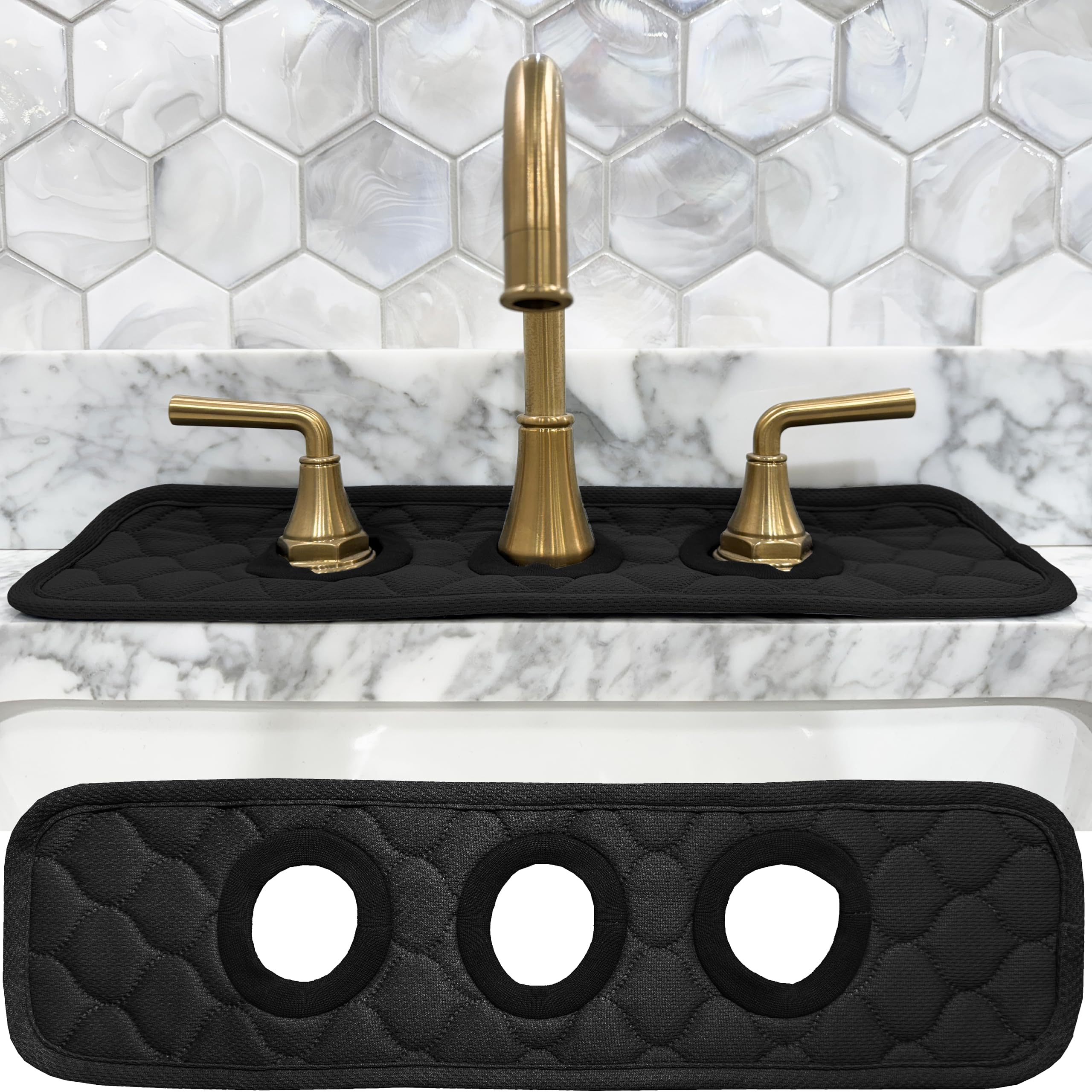 Bathroom Sink Splash Guard 3-Round-Hole : AHA HOMEWARE, Faucet Mat for Bathroom Sink 3 Holes (Black)