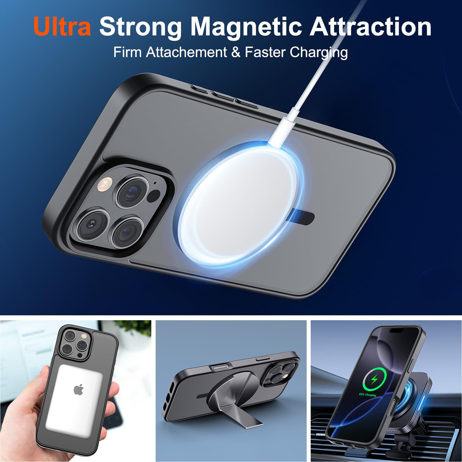SUPFINE Magnetic for iPhone 16 Pro Max Case (Compatible with MagSafe) (Military Grade Drop Protection) Slim Translucent Matte Shockproof with Anti-Fingerprint Phone Case, Black
