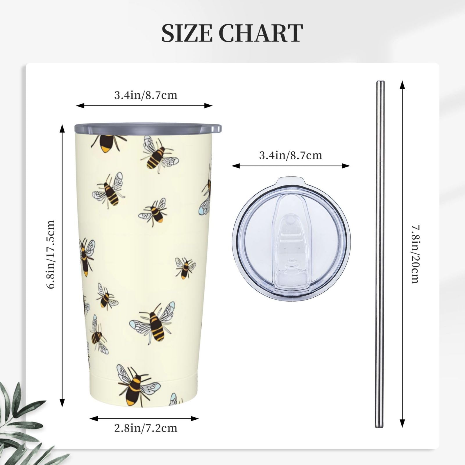 Bees Pattern 20oz Tumbler Stainless Steel Vacuum Insulated Double Wall Travel Tumbler, Durable Insulated Coffee Mug, Thermal Cup With Lid and Straw for Hot & Cold Drinks