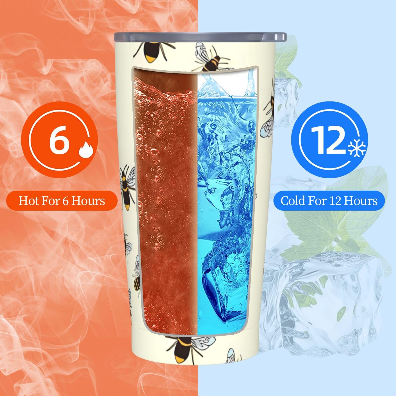 Bees Pattern 20oz Tumbler Stainless Steel Vacuum Insulated Double Wall Travel Tumbler, Durable Insulated Coffee Mug, Thermal Cup With Lid and Straw for Hot & Cold Drinks