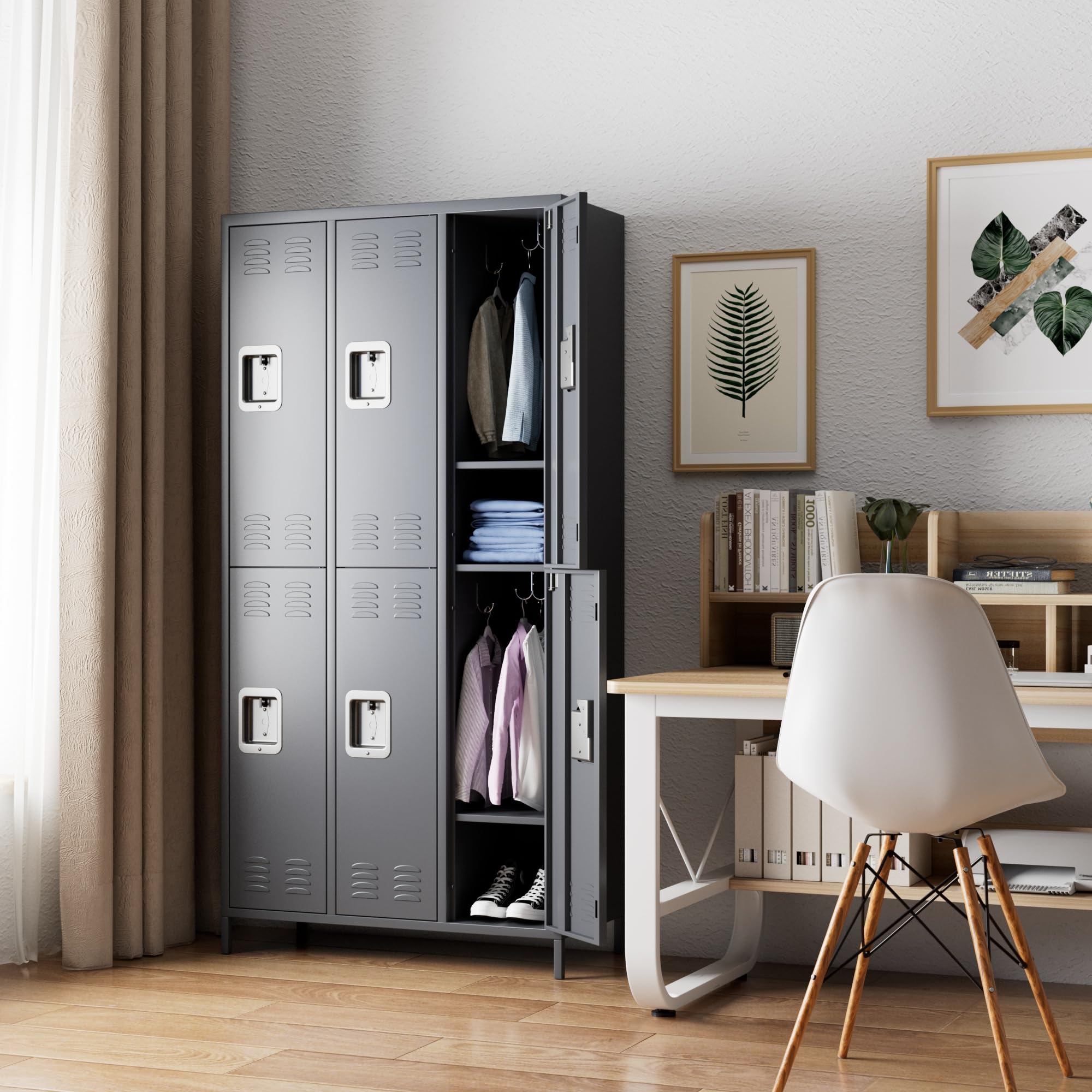 SUPEER 6 Doors Metal Lockers for Employees with Lock, Metal Locker with 18 Hooks for School Garage Office Gym Home,Assembly Required,Dark Grey