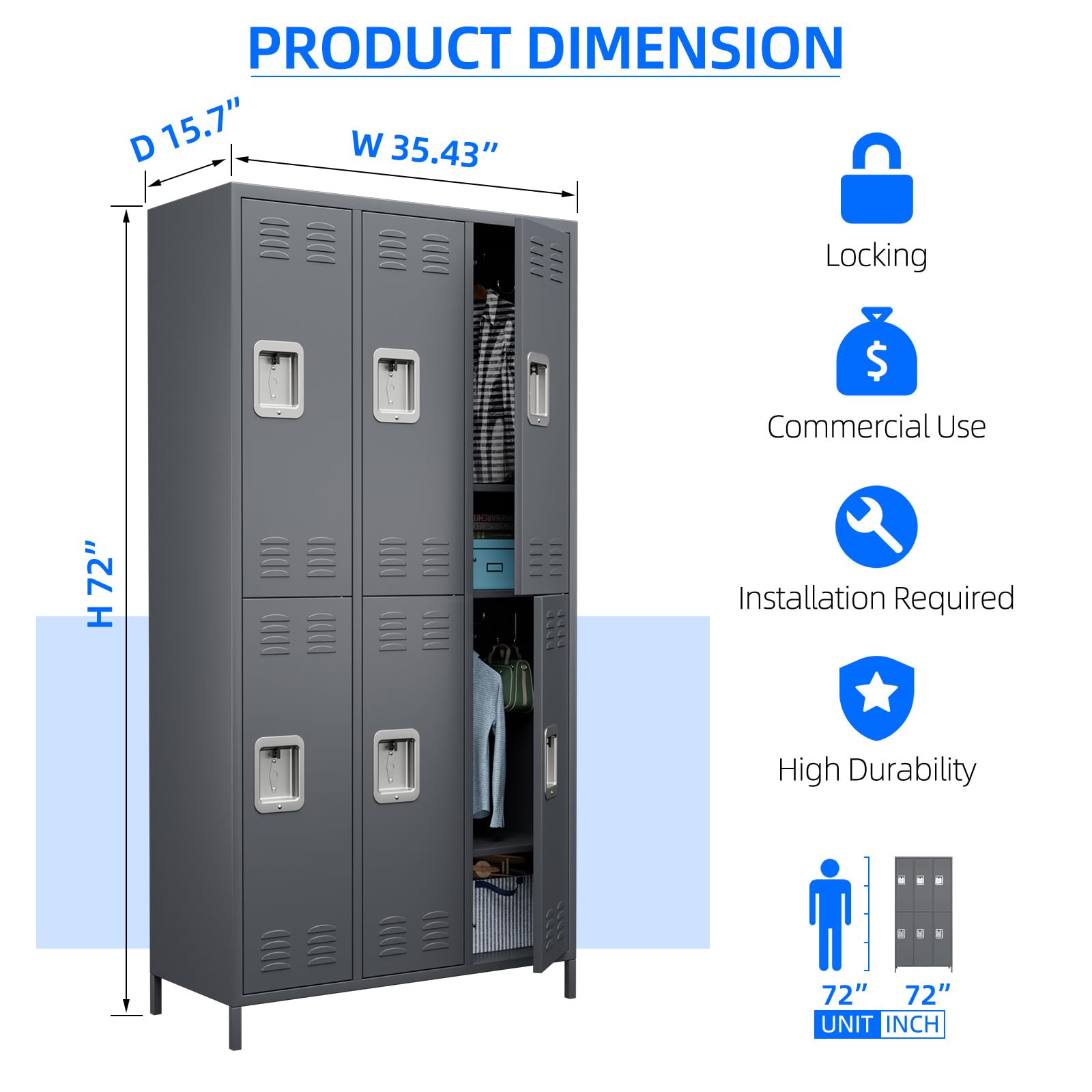 SUPEER 6 Doors Metal Lockers for Employees with Lock, Metal Locker with 18 Hooks for School Garage Office Gym Home,Assembly Required,Dark Grey
