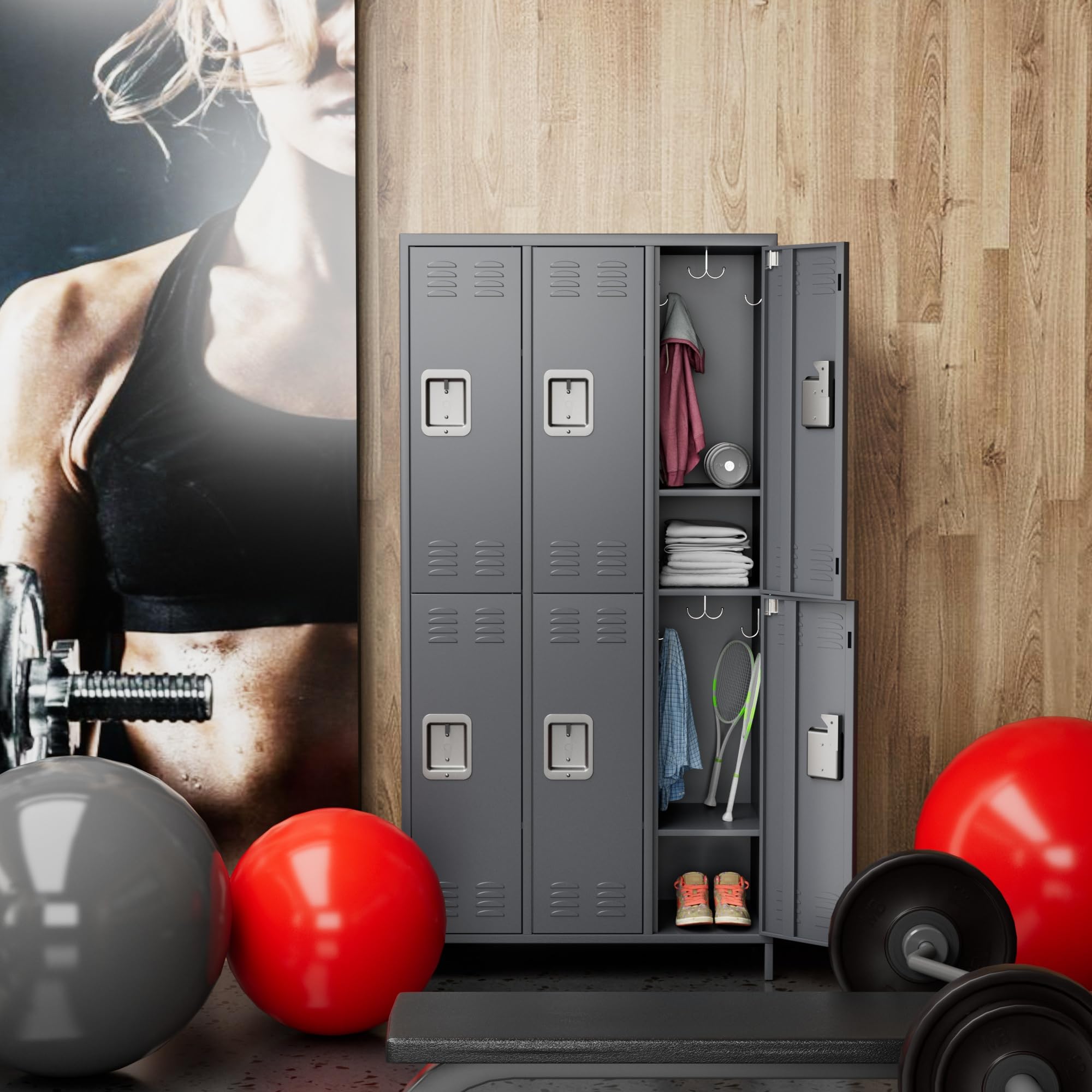 SUPEER 6 Doors Metal Lockers for Employees with Lock, Metal Locker with 18 Hooks for School Garage Office Gym Home,Assembly Required,Dark Grey