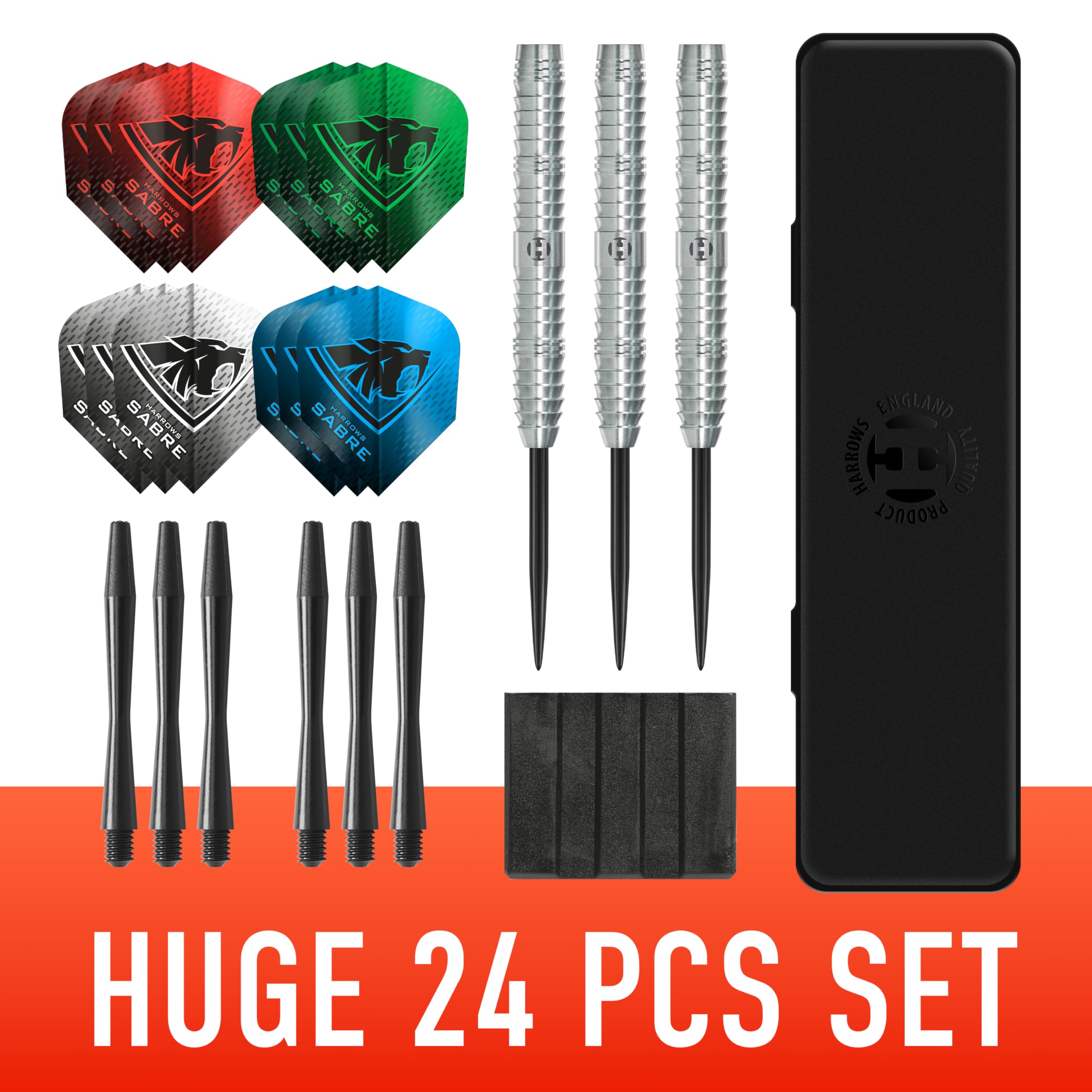Harrows Sabre 90% Tungsten Steel Tip Darts Set I 21g to 26g All Weights Available I Huge 24pcs Bundle with Spare Shafts, Prime Flights & Travel Case (22 Grams)